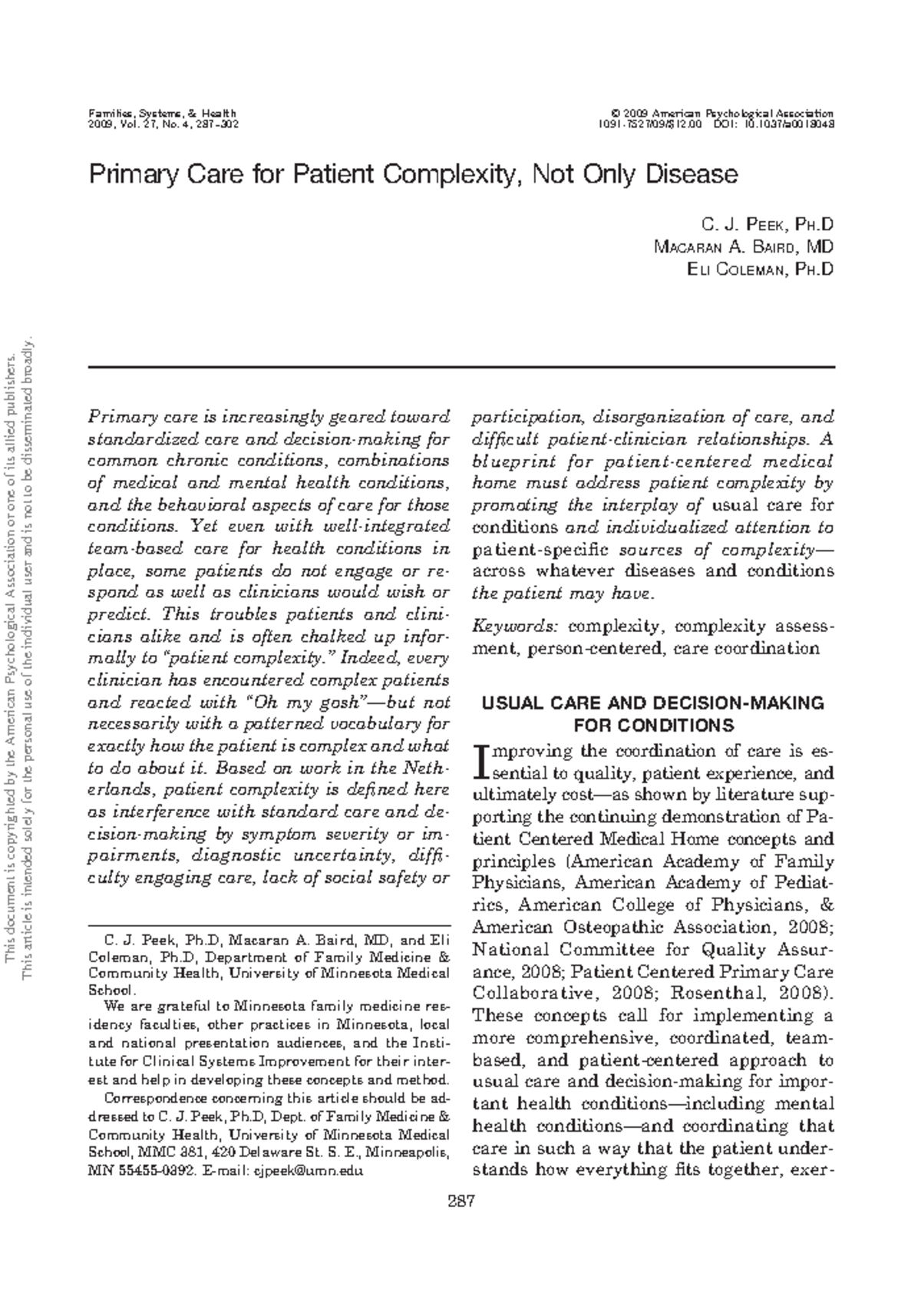 Primary Care for Patient Complexity, Not Only Disease - J. PEEK, PH ...