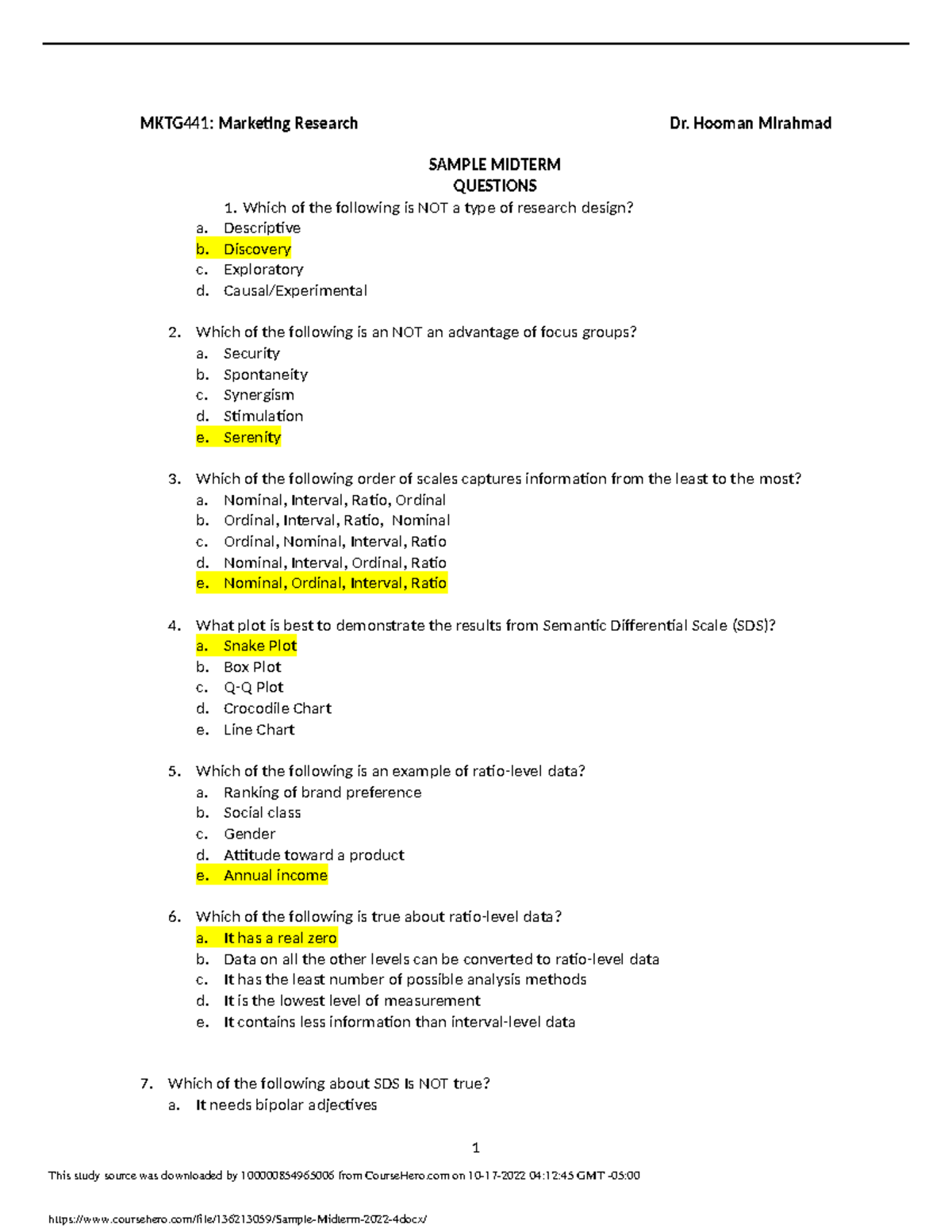 Sample Midterm 2022 4 - 1 MKTG441: Marketing Research Dr. Hooman ...