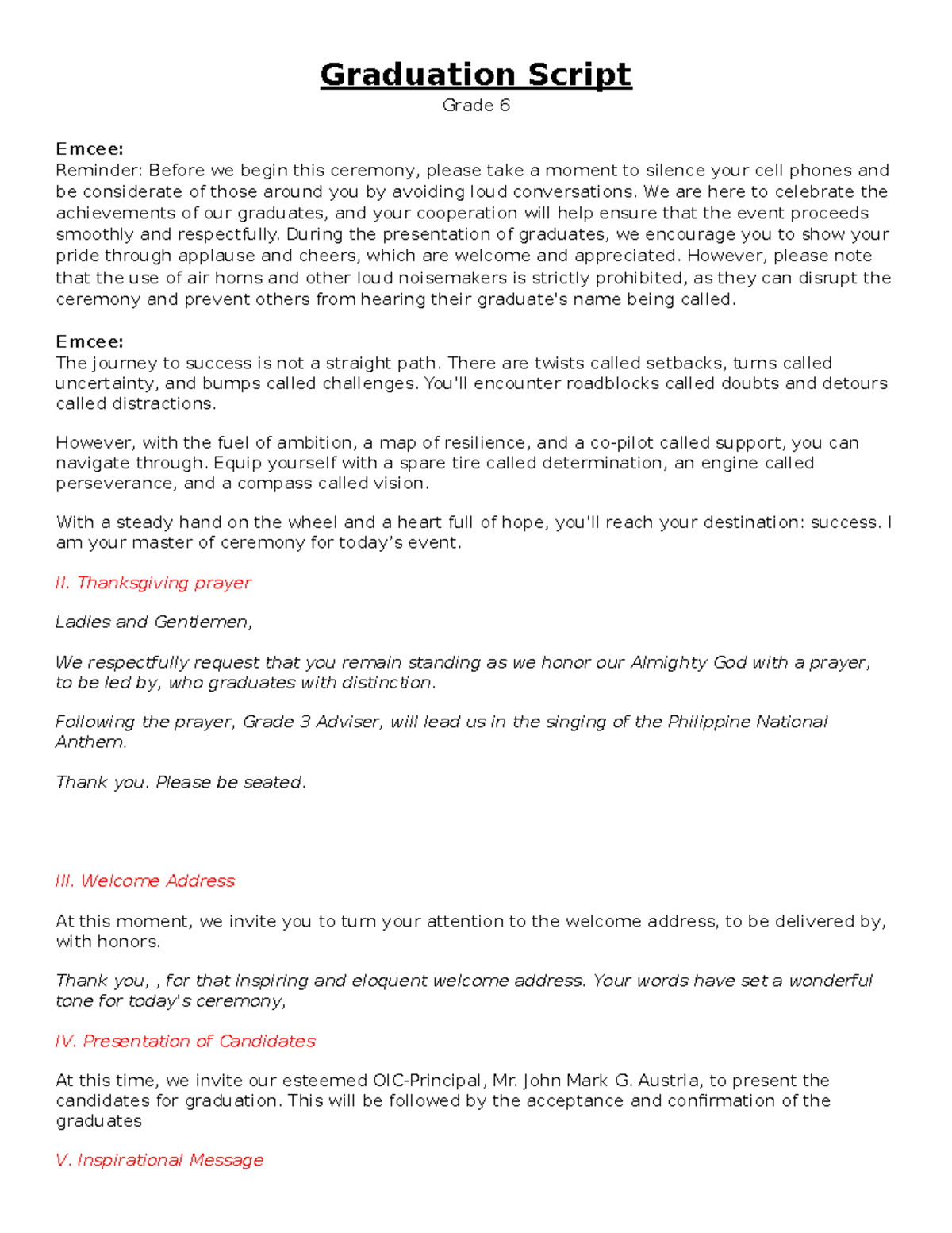 Script for Anything - Graduation Script Grade 6 Emcee: Reminder: Before ...