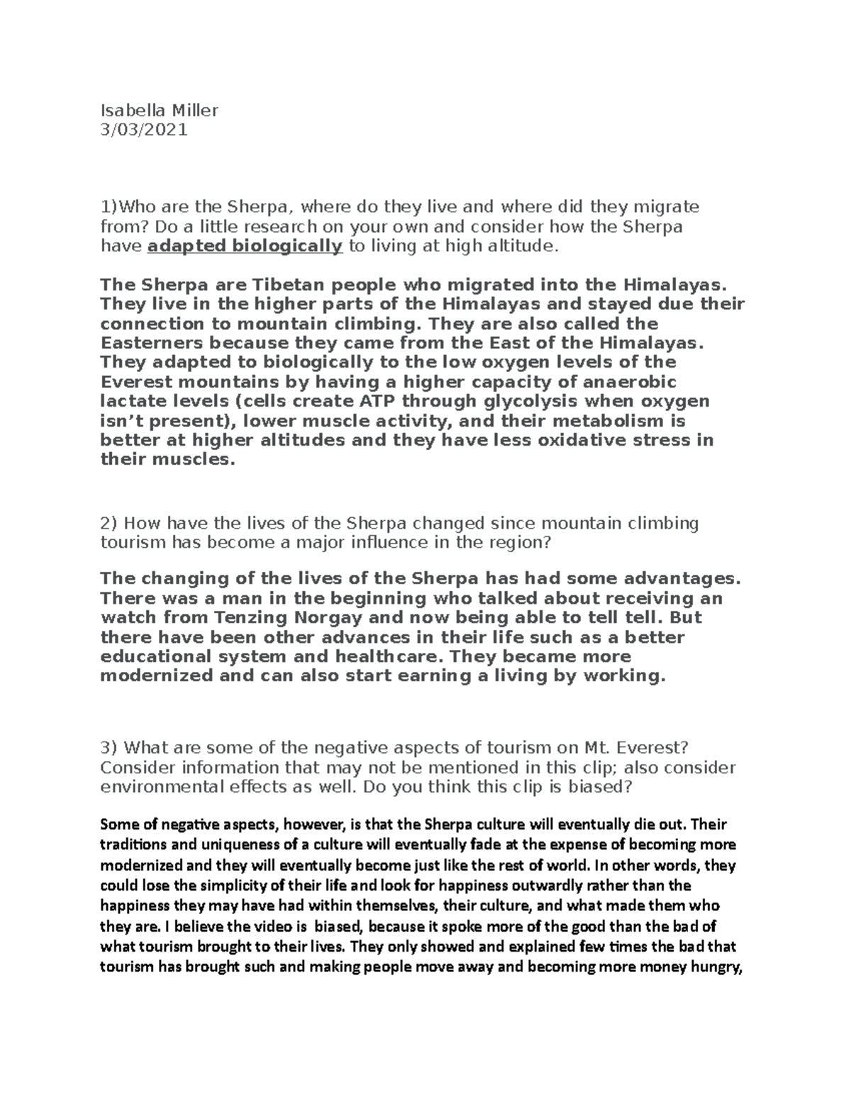 Everest Film Questions - Isabella Miller 3/03/ 1)Who are the Sherpa ...