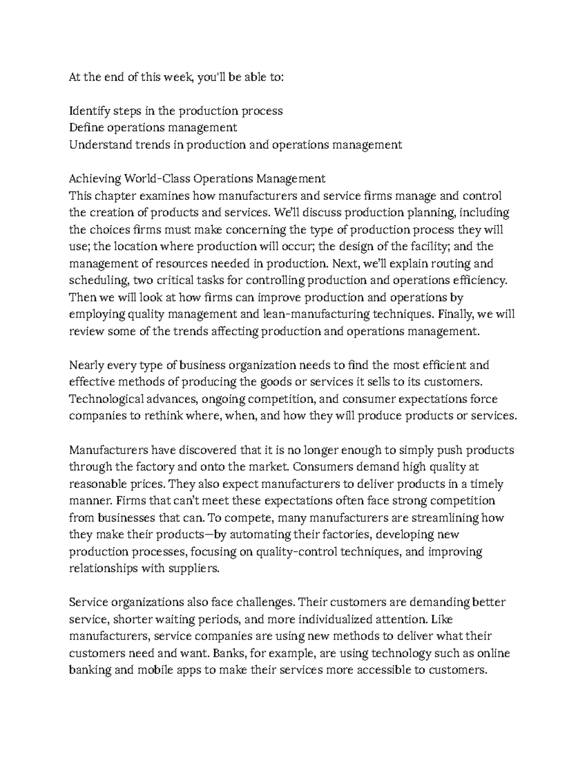 Module 10 Achieving World-Class Operations Management - At the end of ...