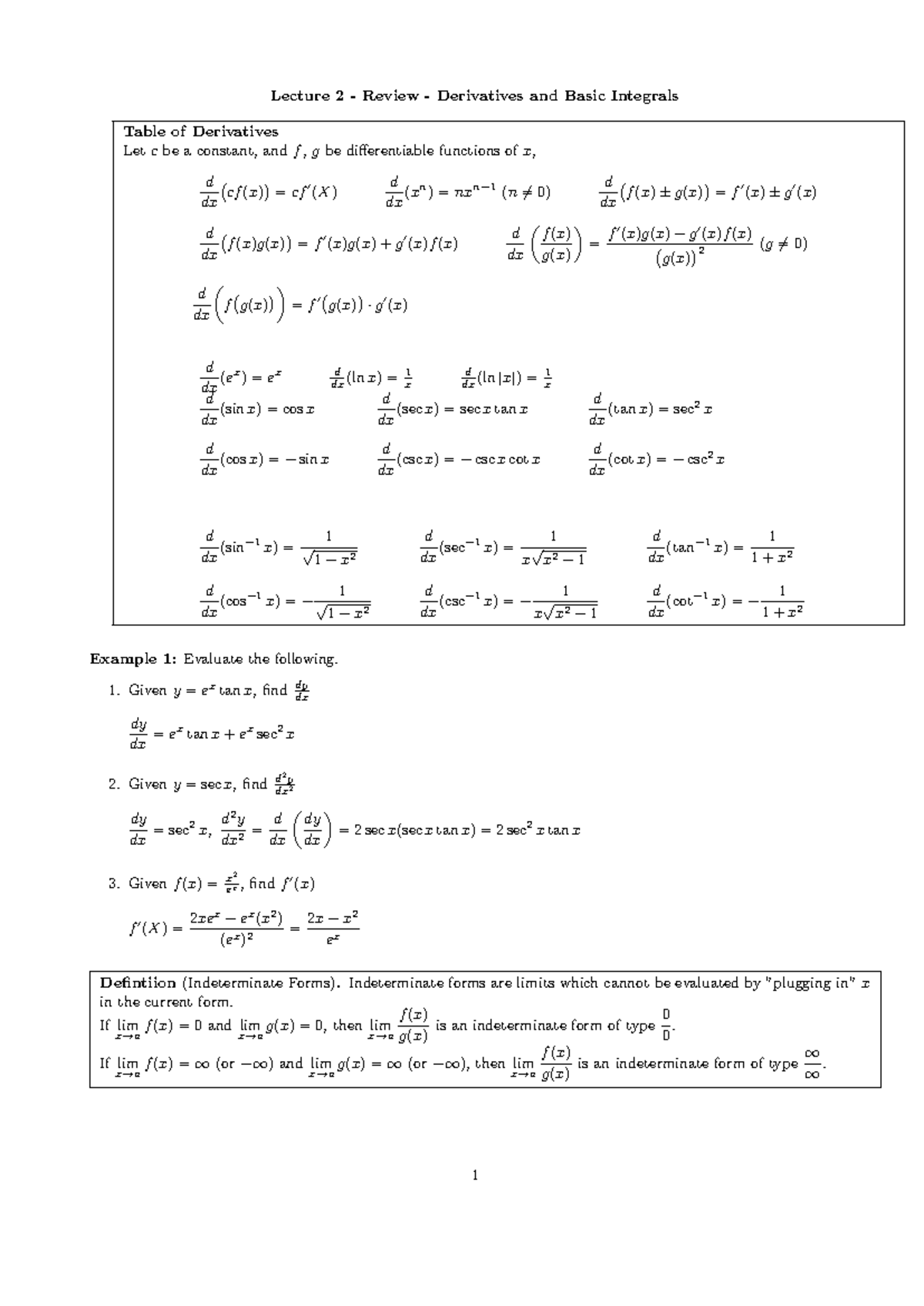 02 - Review - Derivatives and Basic Integrals - Given y = ex tan x ...