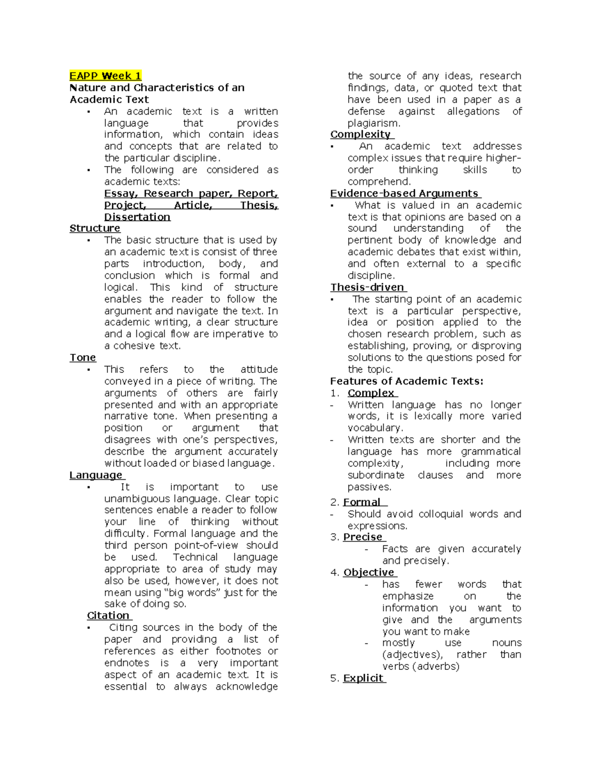 EAPP Week 1 Notes - EAPP Week 1 Nature and Characteristics of an ...