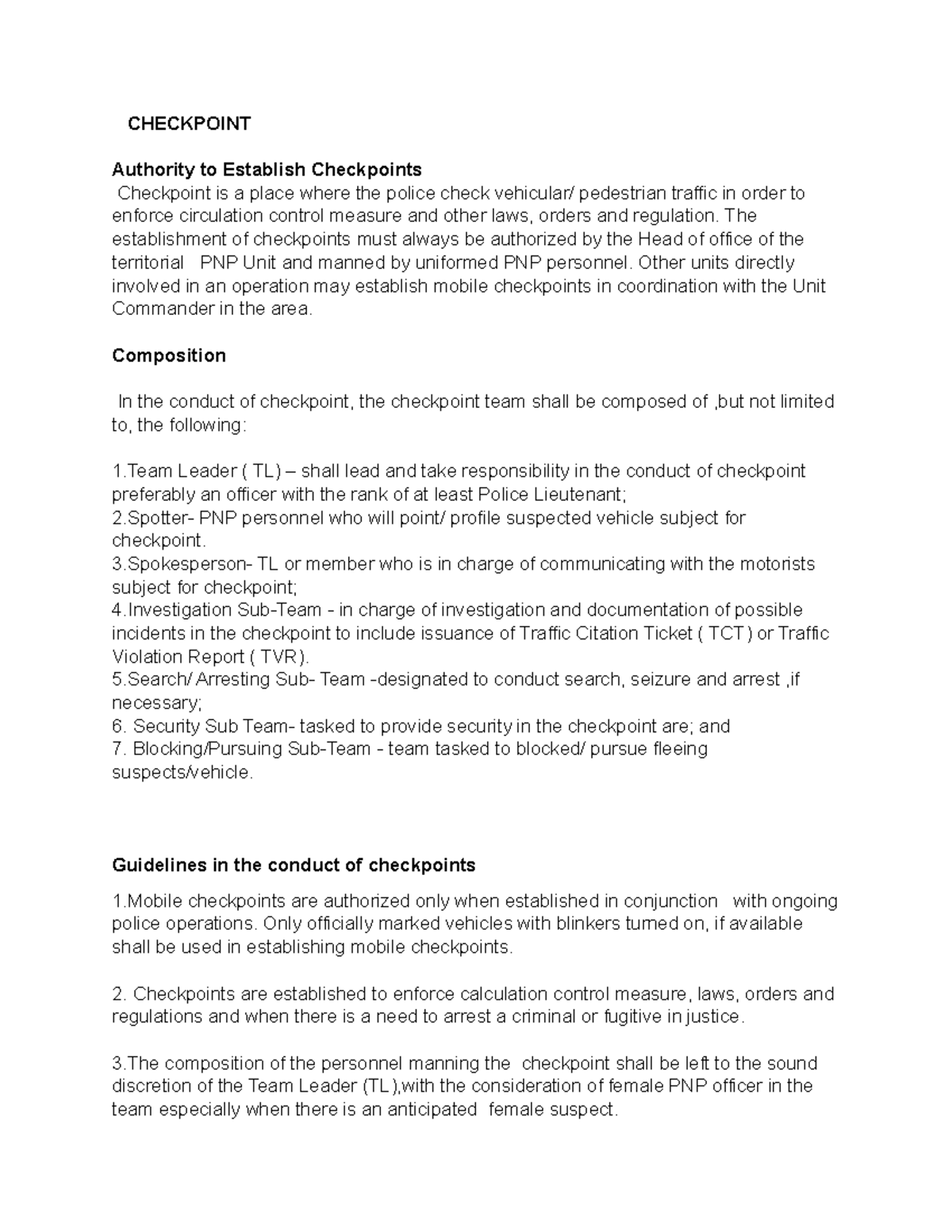 Checkpoints - A notes - CHECKPOINT Authority to Establish Checkpoints ...