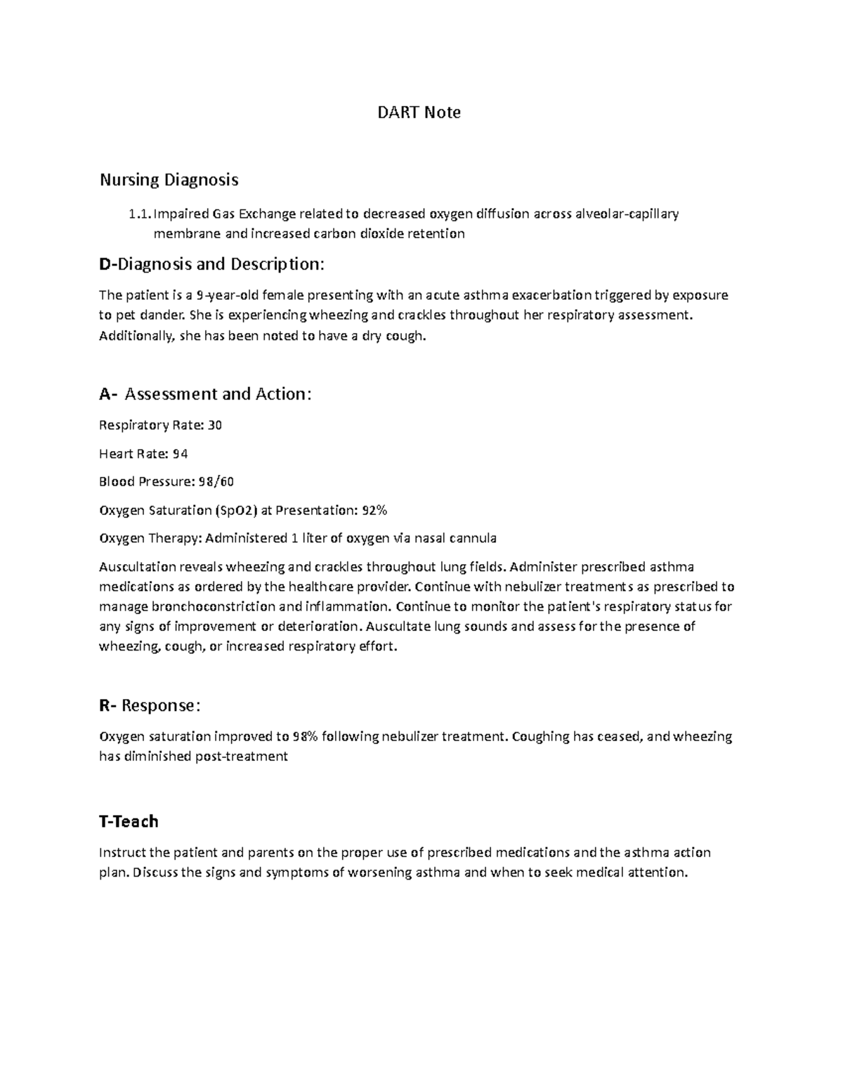 Dart Note Asthma - Sims dart note - DART Note Nursing Diagnosis 1 ...