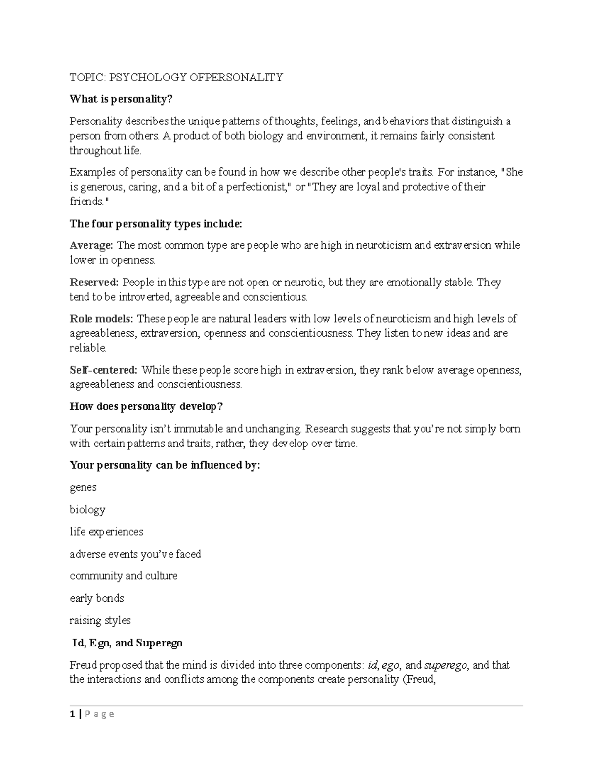 Personality Notes - TOPIC: PSYCHOLOGY OFPERSONALITY What is personality ...