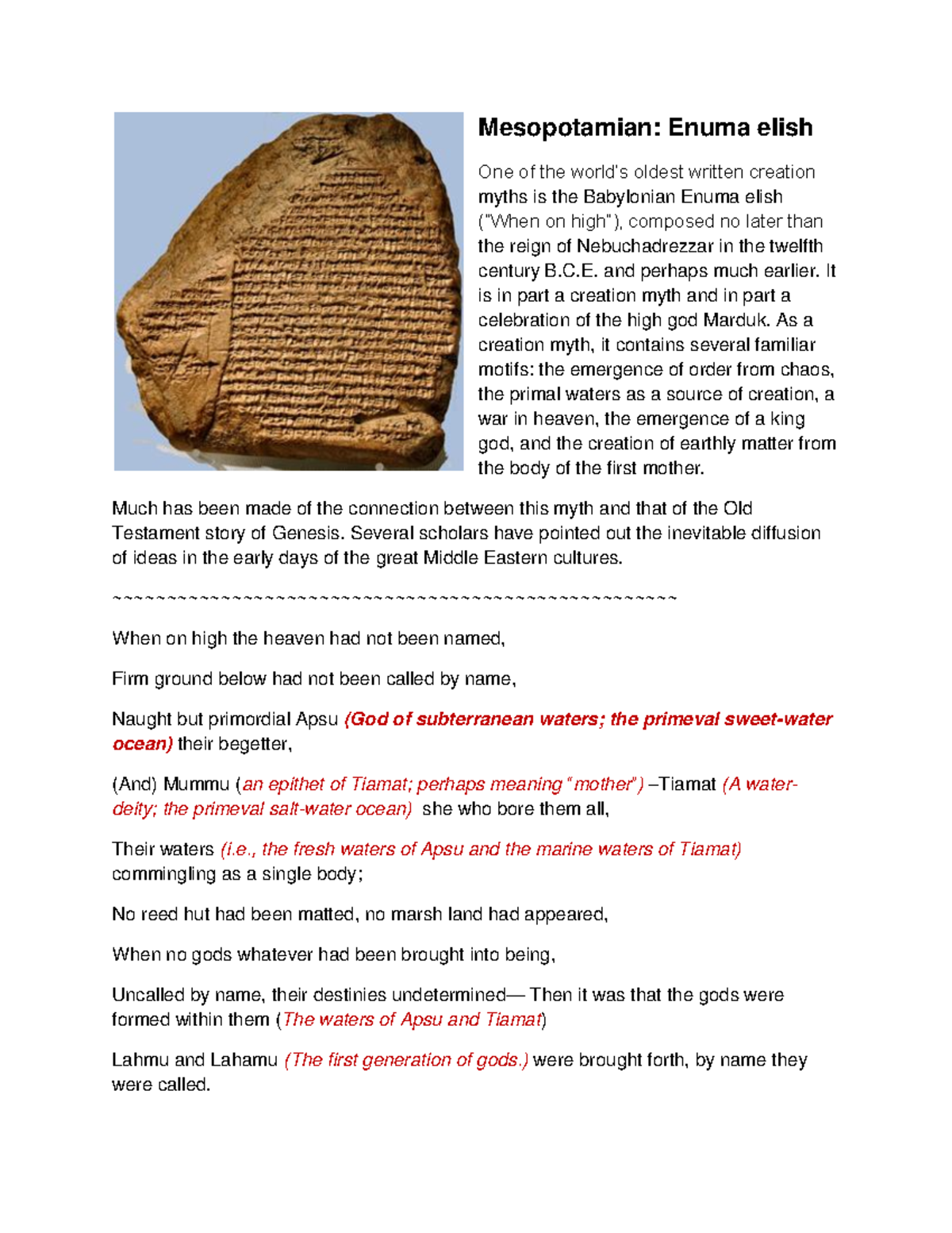Mesopotamian Creation World of Myth - Mesopotamian: Enuma elish One of ...