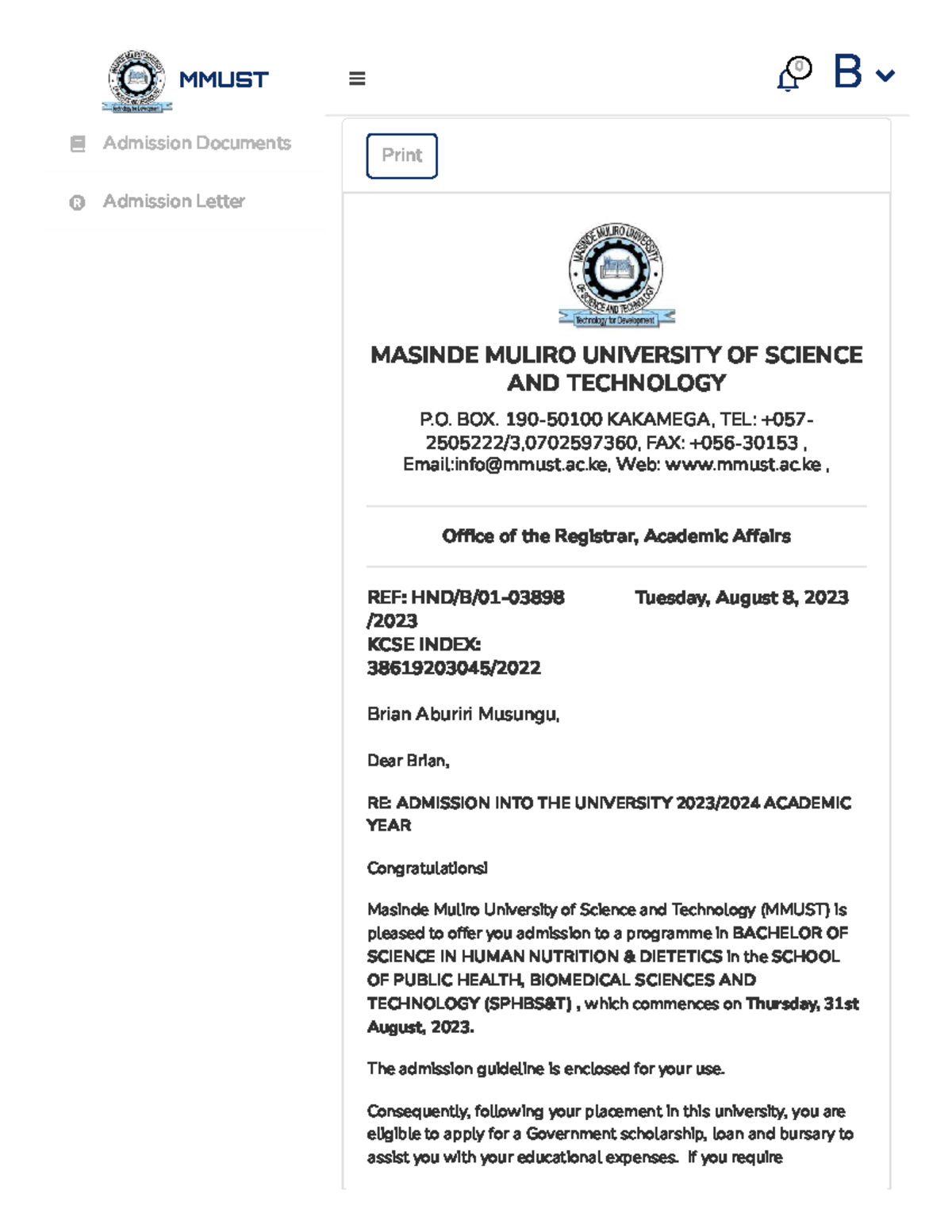 Online Applications Portal v2.0 - Admission Letter - Admission ...