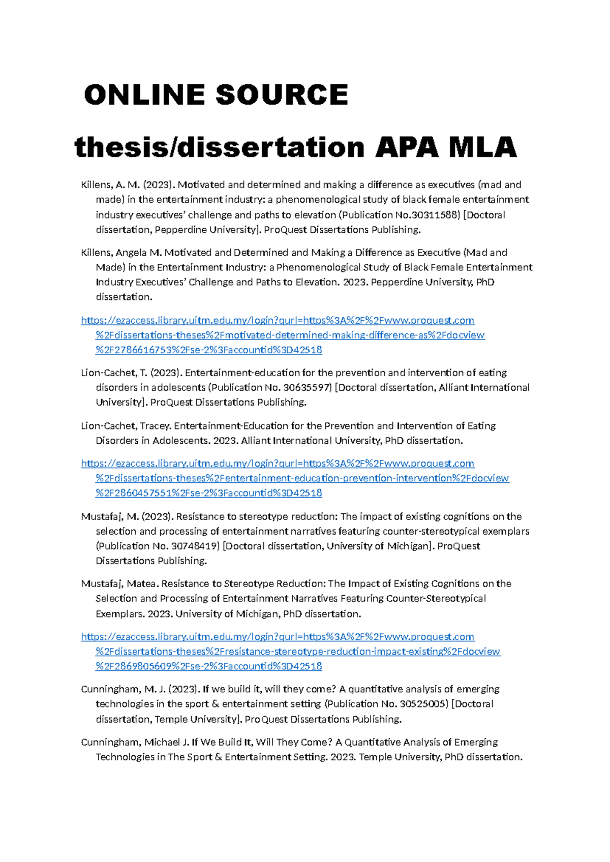 imc111 citation - ONLINE SOURCE thesis/dissertation APA MLA Killens, A ...