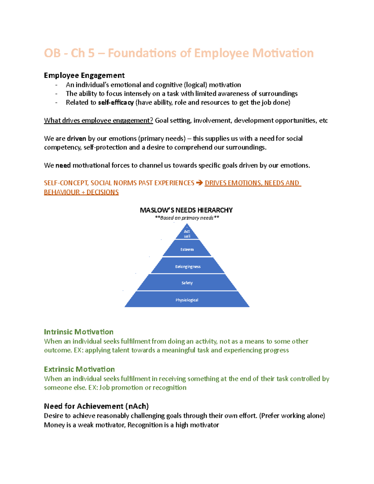 Chapter 5 Textbook Notes - OB Ch 5 Foundations of Employee Motivation ...