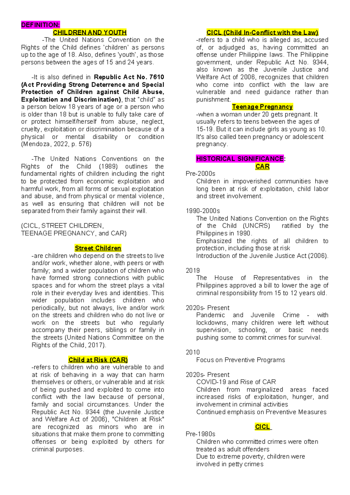 Children and youth handout sw - DEFINITION: CHILDREN AND YOUTH -The ...