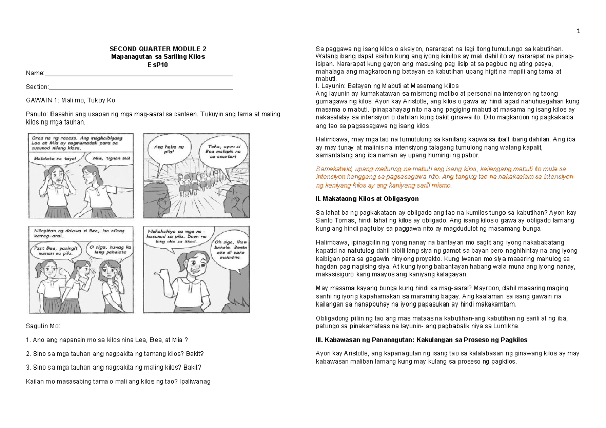 ESP 10 Second Quarter Module 2 - SECOND QUARTER MODULE 2 Mapanagutan sa Sariling Kilos EsP - Studocu