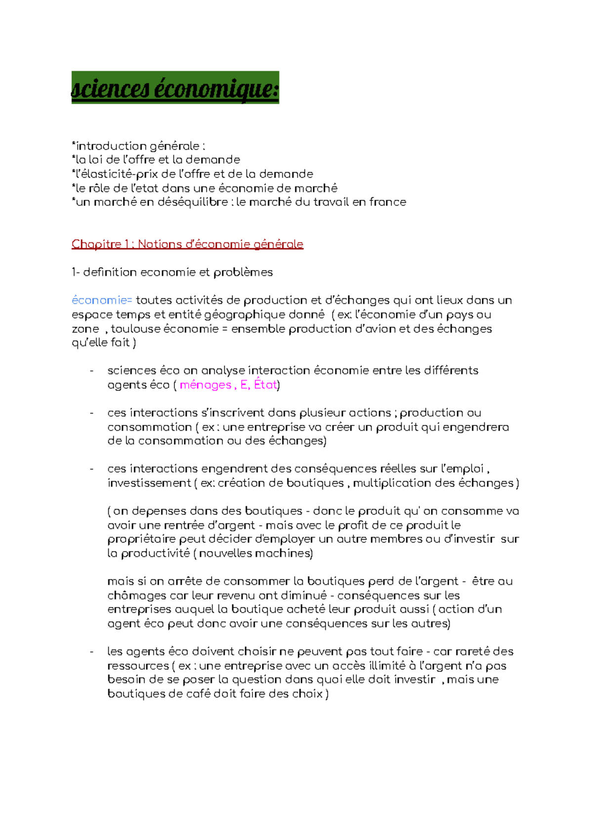 Sciences économique - note de cours 2023-24 - science économiqu ...