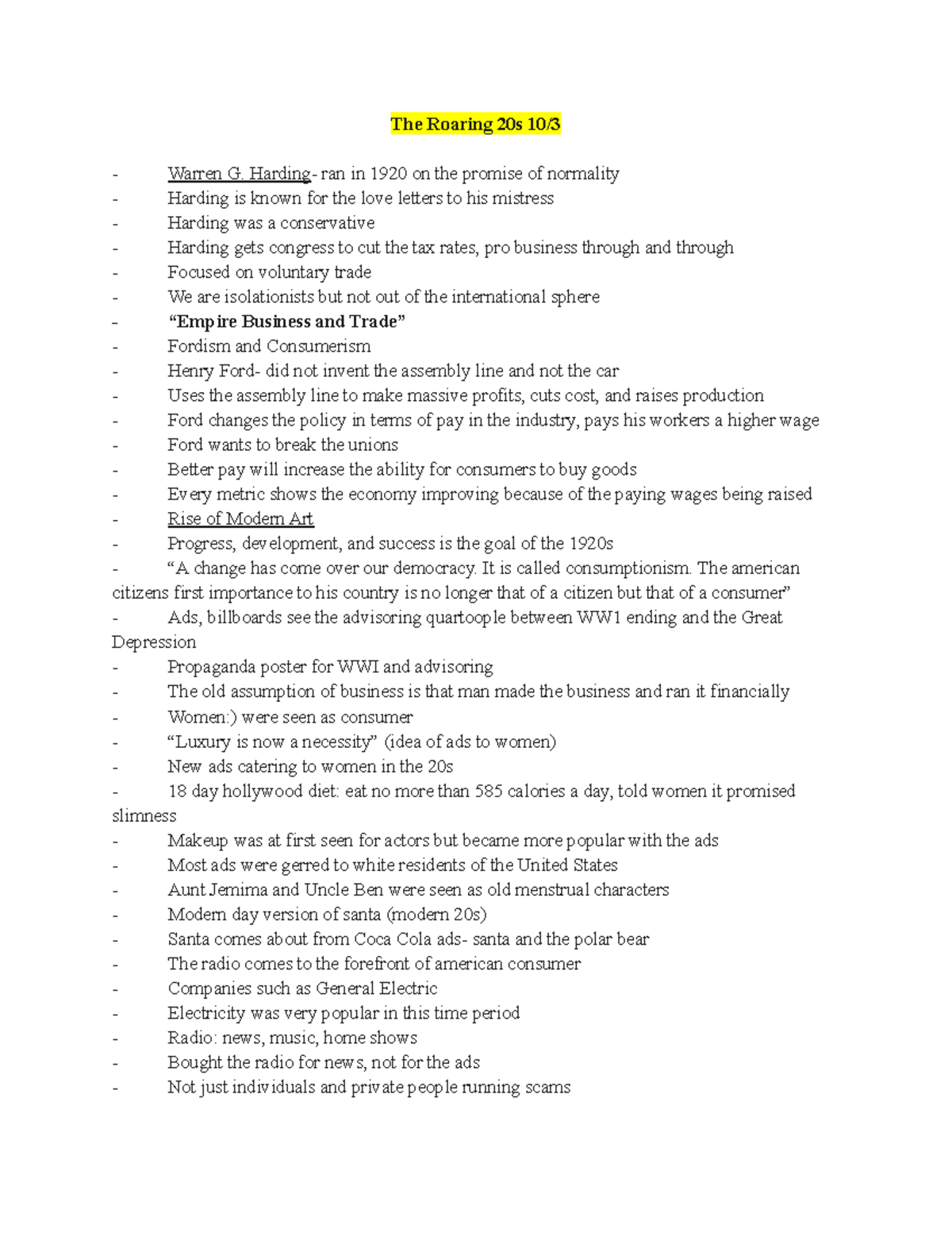 HIST Notes - The Roaring 20s 10/ Warren G. Harding- ran in 1920 on the ...