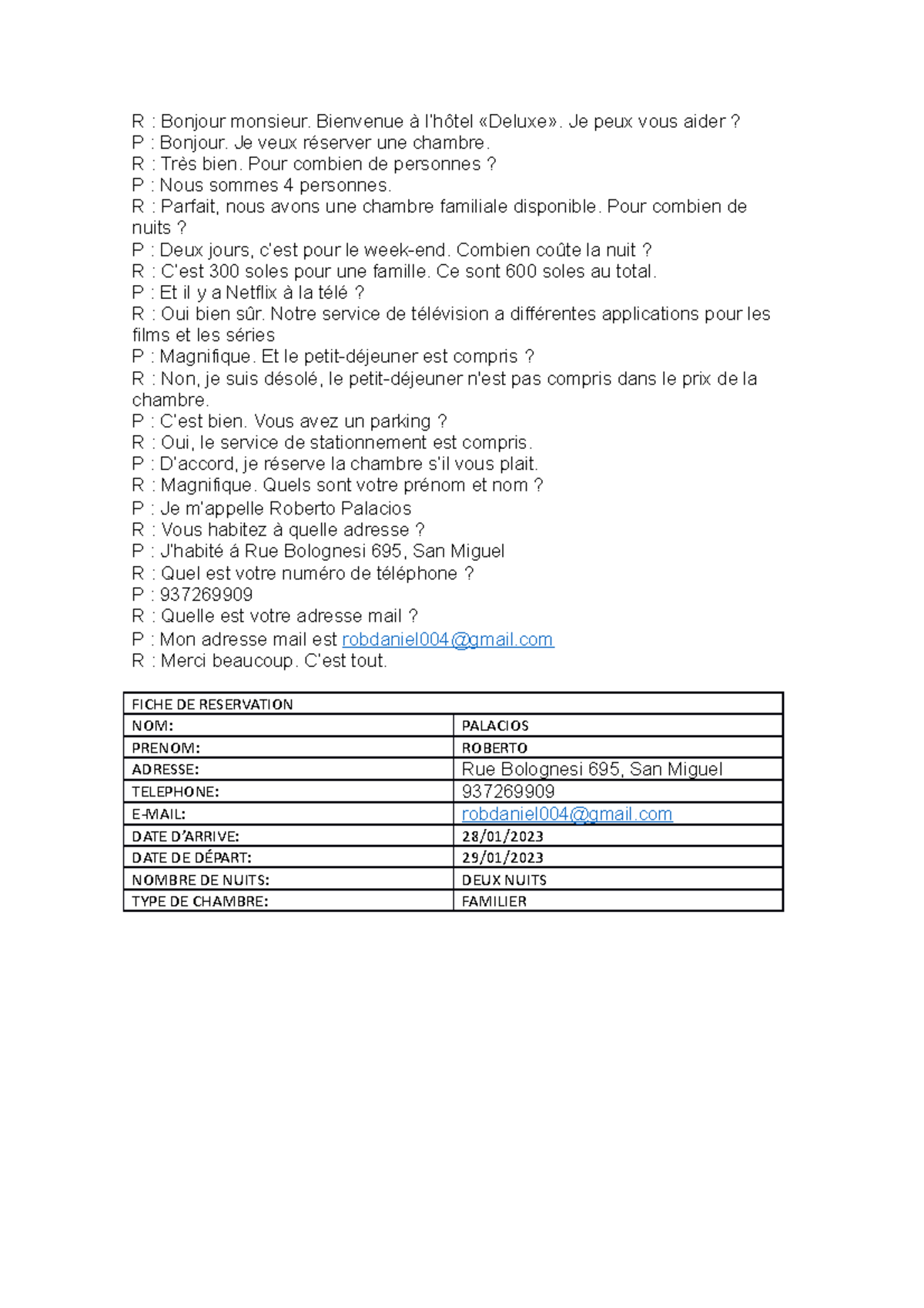 Ex. Oral 2 - Bonjour - R : Bonjour monsieur. Bienvenue à l’hôtel ...