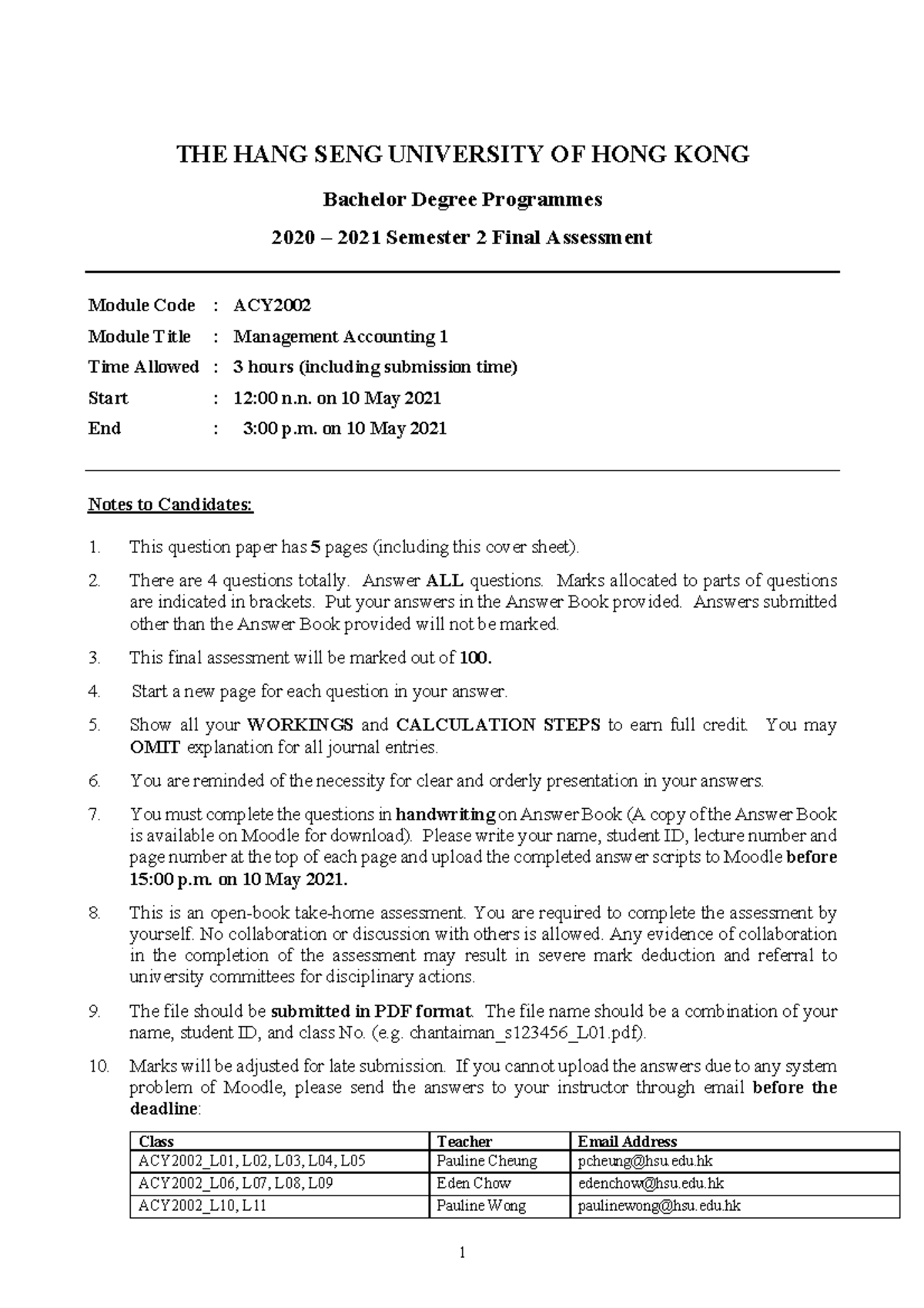 ACY2002 Exam Paper 2020-21 S2 (v5) Question - THE HANG SENG UNIVERSITY ...