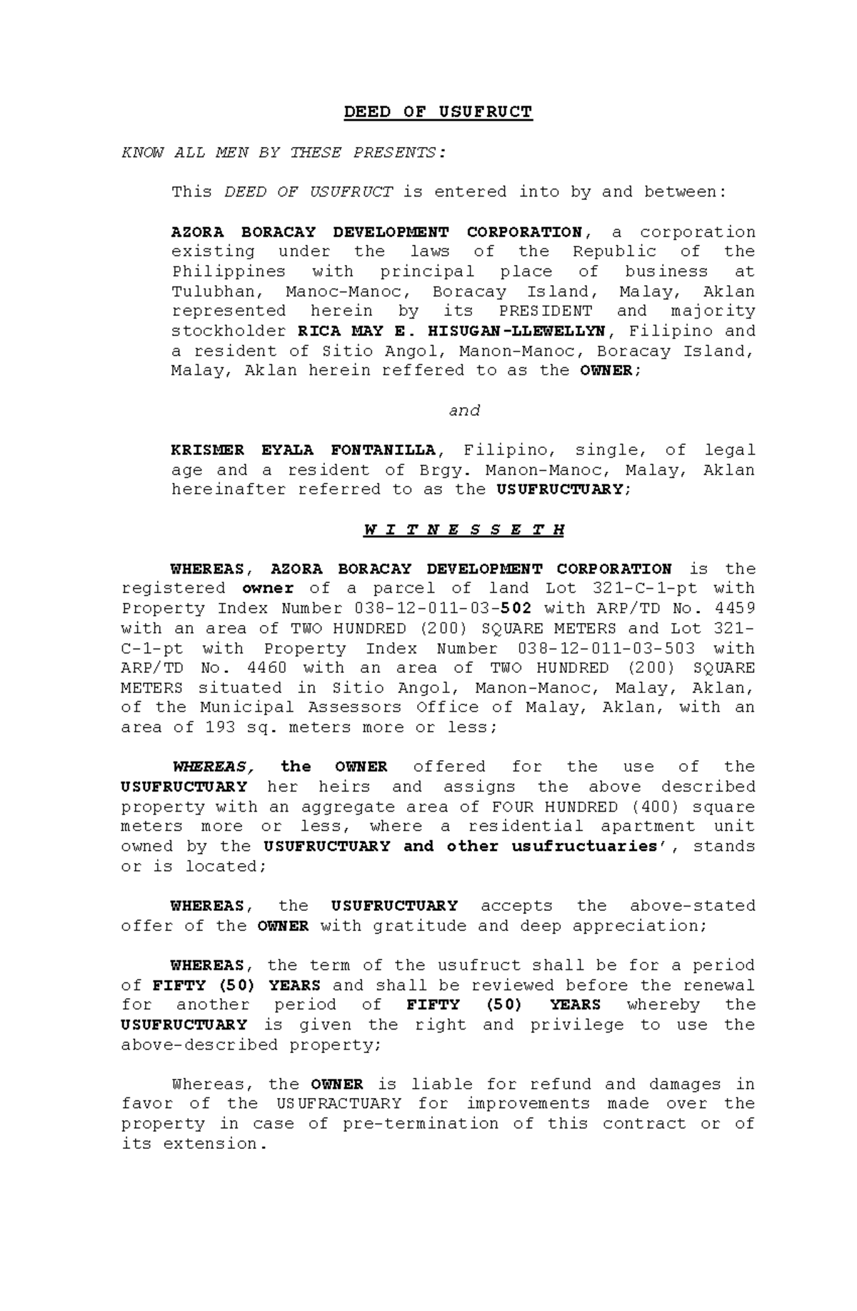 DEED-OF- Usufruct bassig - DEED OF USUFRUCT KNOW ALL MEN BY THESE ...