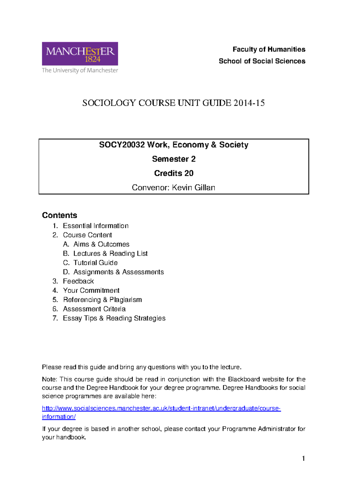 Socy20032 Work Economy Society 1415 - Faculty of Humanities School of ...