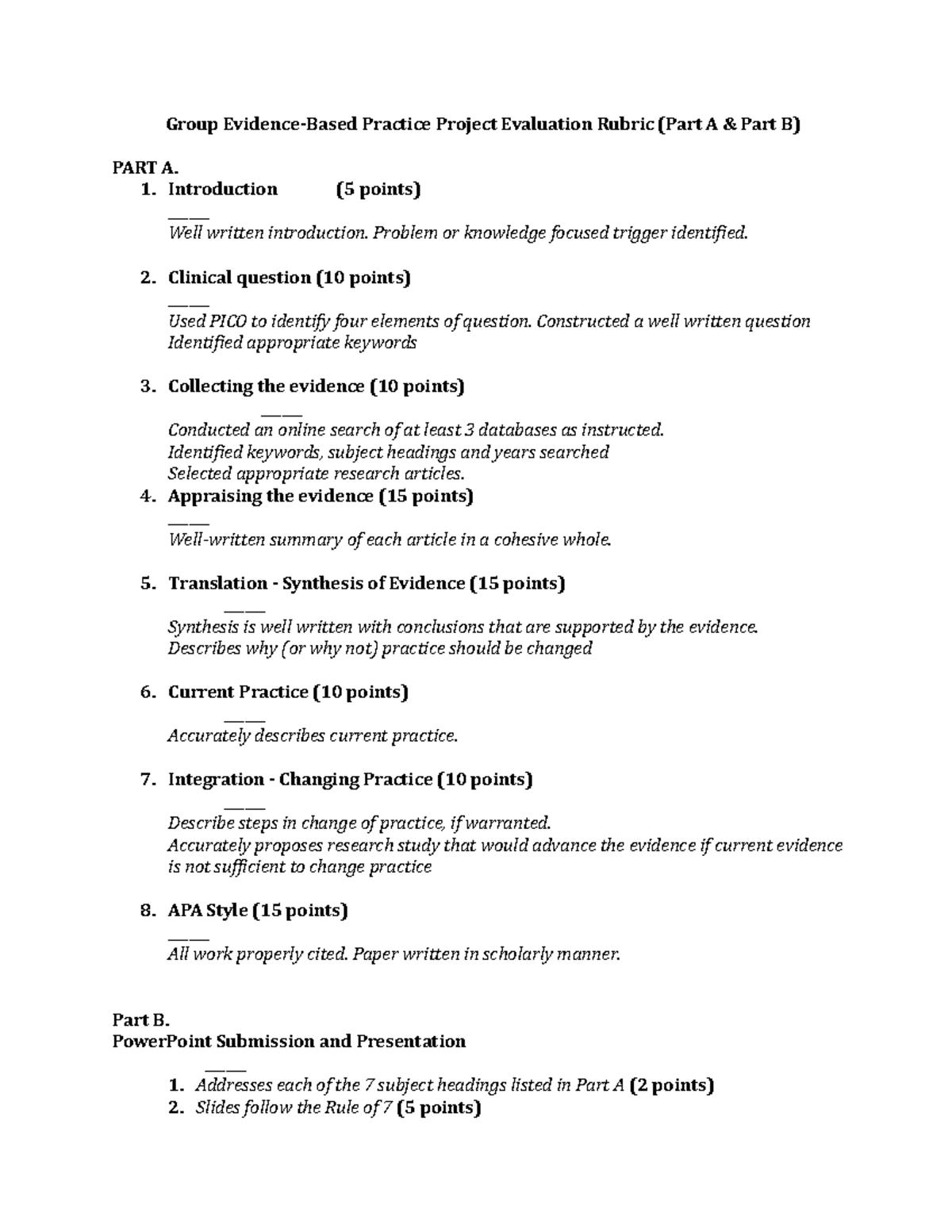 NU 343 Group paper and PPT Rubric - Group Evidence-Based Practice ...