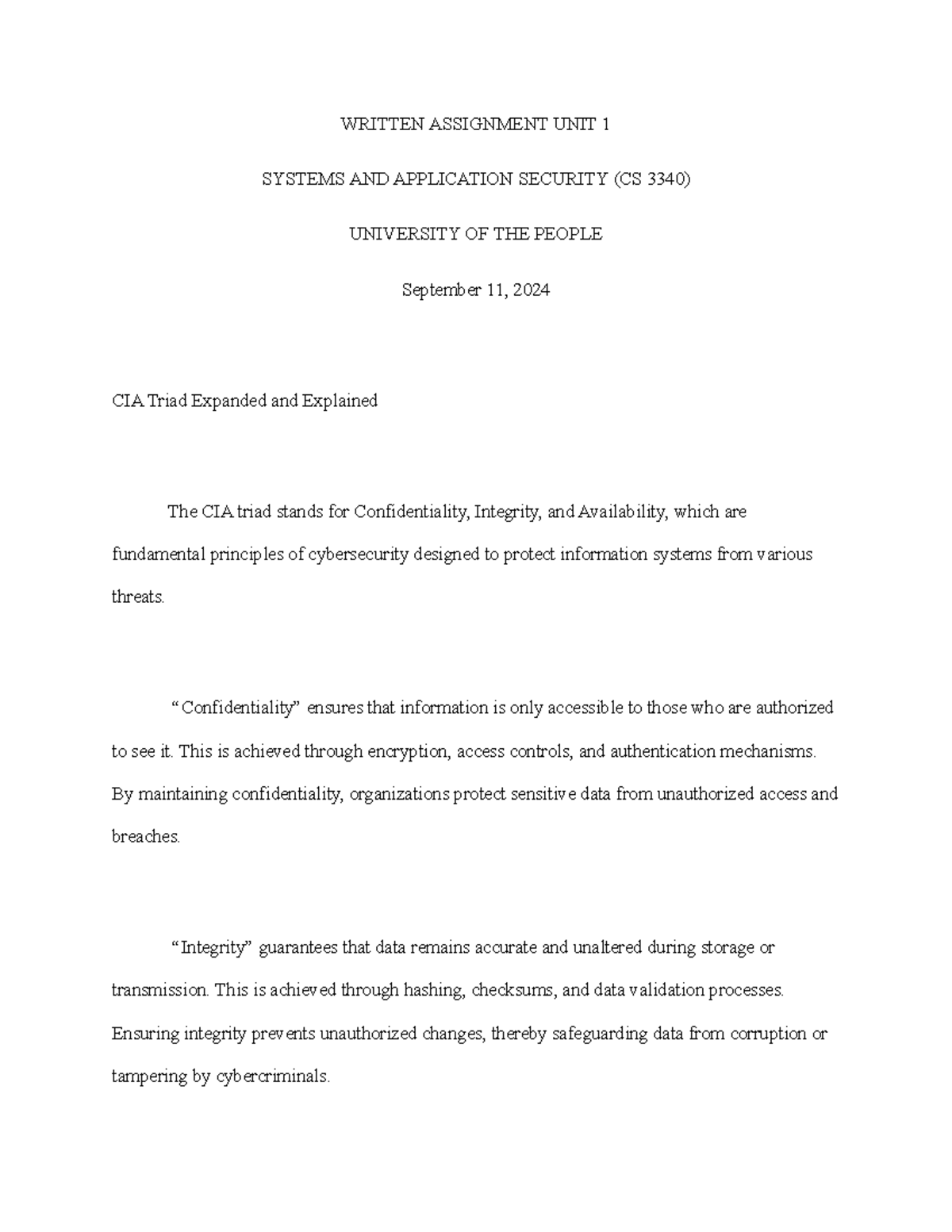 Written Assignment UNIT 1 - WRITTEN ASSIGNMENT UNIT 1 SYSTEMS AND APPLICATION SECURITY (CS 3340 ...