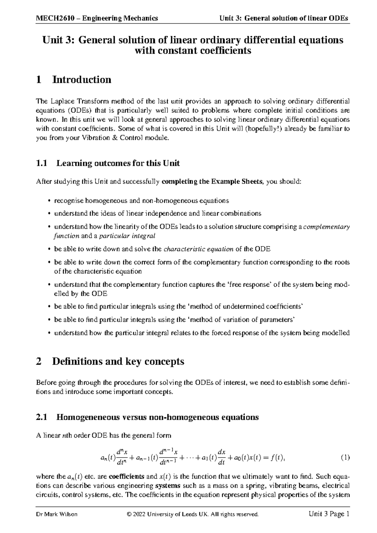 MECH2610-Unit3-Notes - Unit 3: General solution of linear ordinary ...