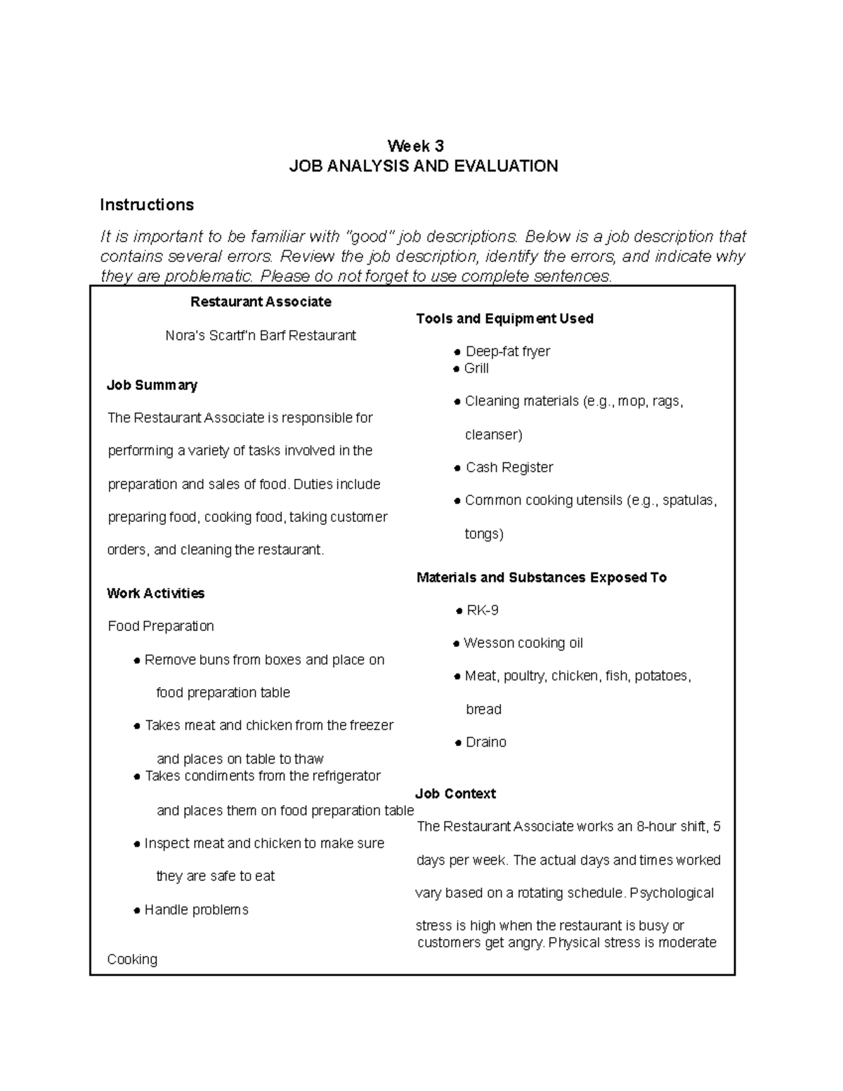 Individual Worksheet 2 Week 3 Job Analysis and Evaluation - Week 3 JOB ...