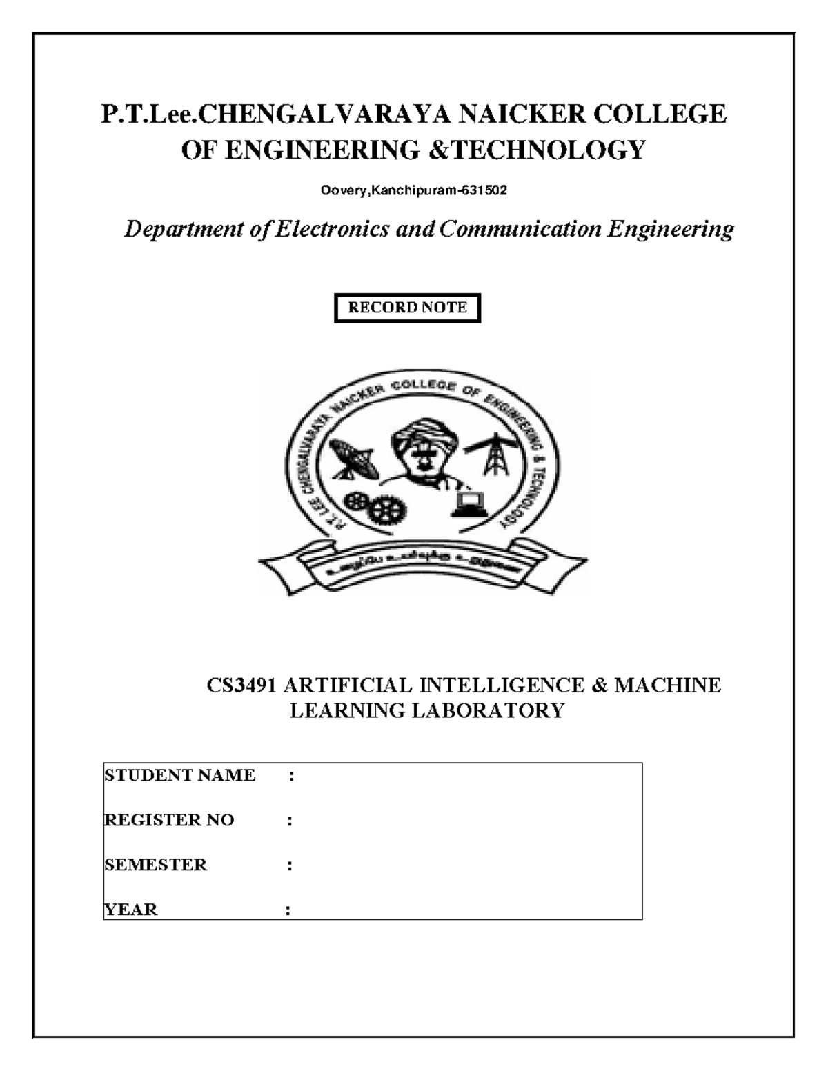 AIML Record Final - P.T.Lee NAICKER COLLEGE OF ENGINEERING &TECHNOLOGY ...