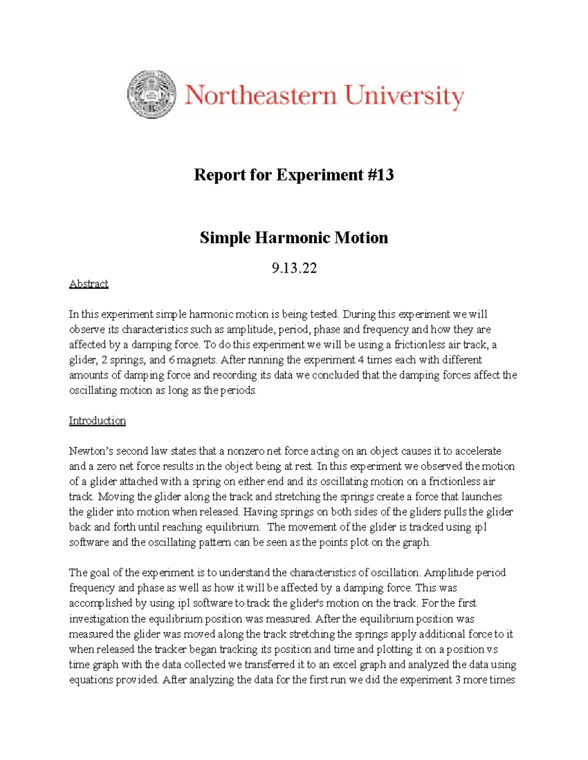Lab 1 Fall 2022 - notes - Report for Experiment Simple Harmonic Motion ...