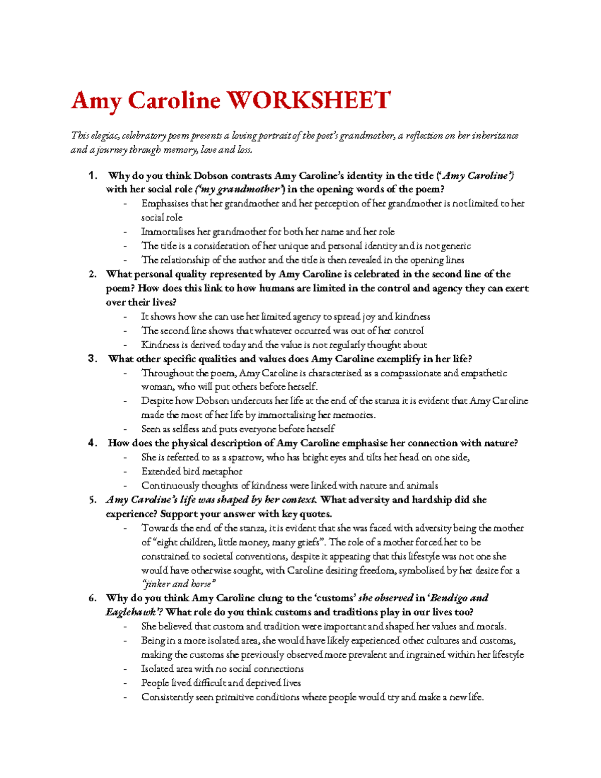 Amy Caroline Worksheet - Amy Caroline WORKSHEET This elegiac ...