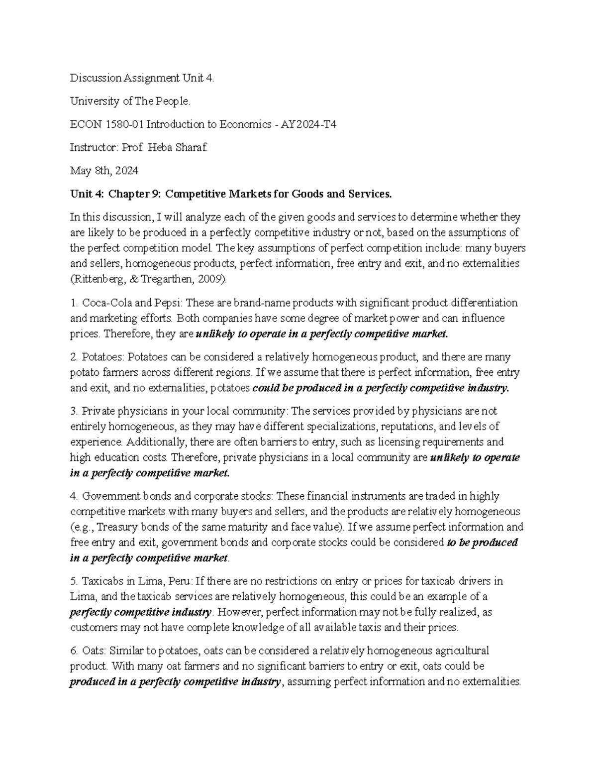 Discussion Assignment Unit 4 - University of The People. ECON 1580-01 Introduction to Economics ...
