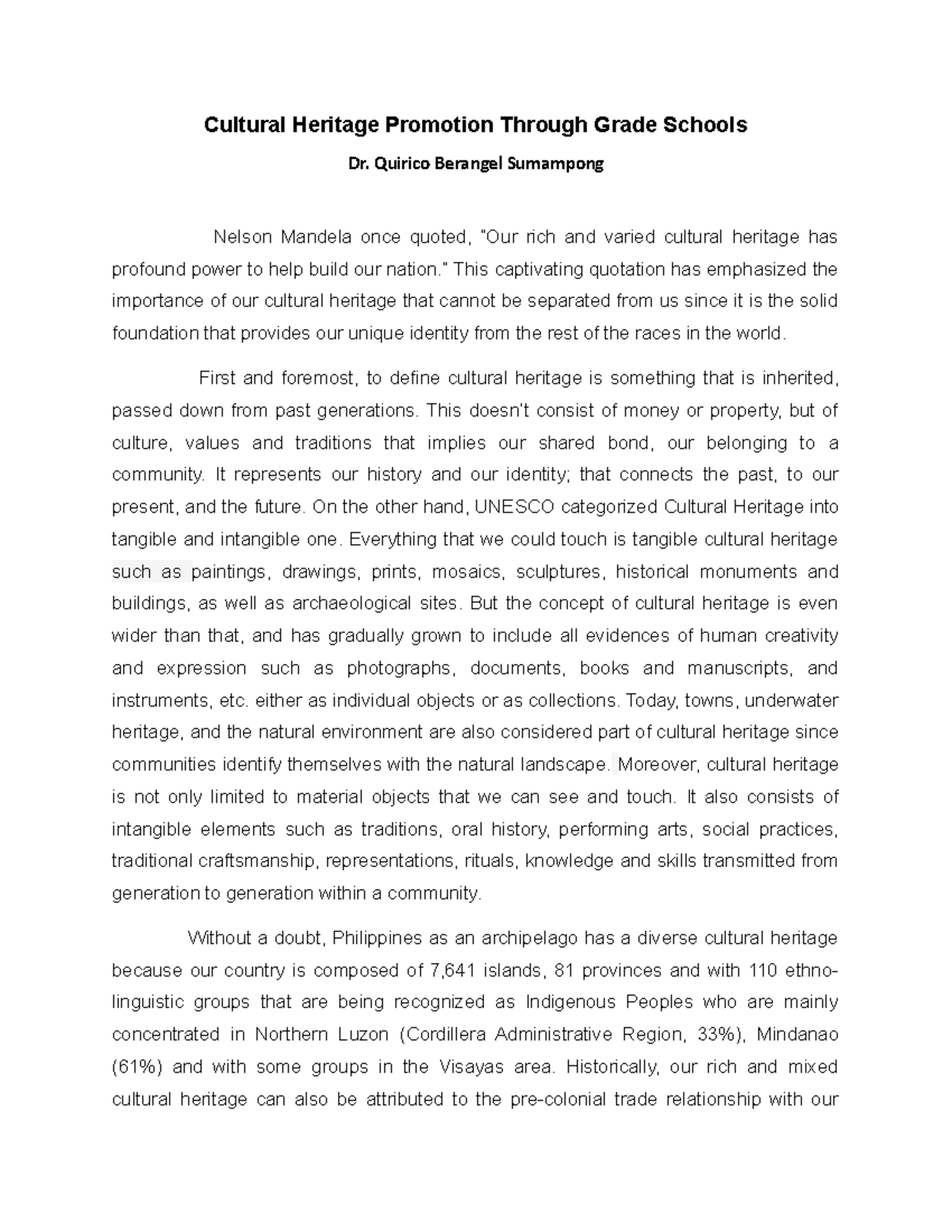 Cultural Heritage Promotion Through Grade Schools - Quirico Berangel ...