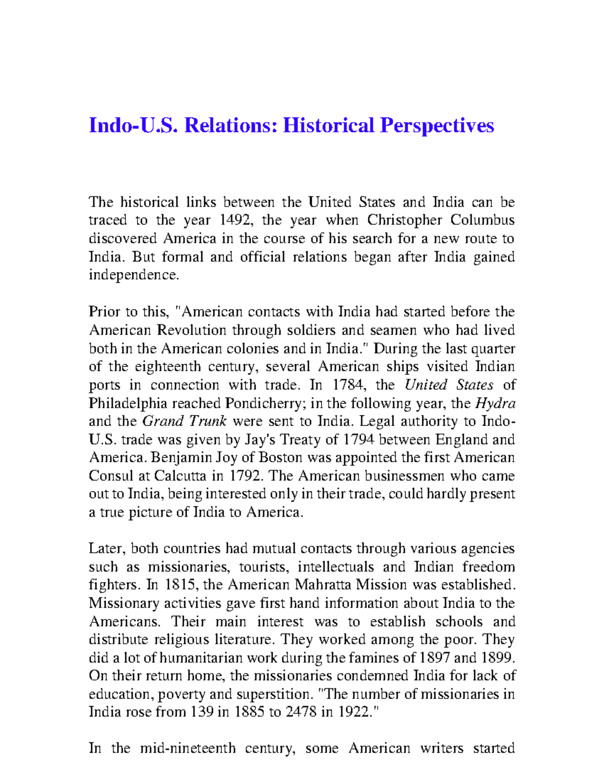 Indo-US Relations - Indo-U. Relations: Historical Perspectives The ...