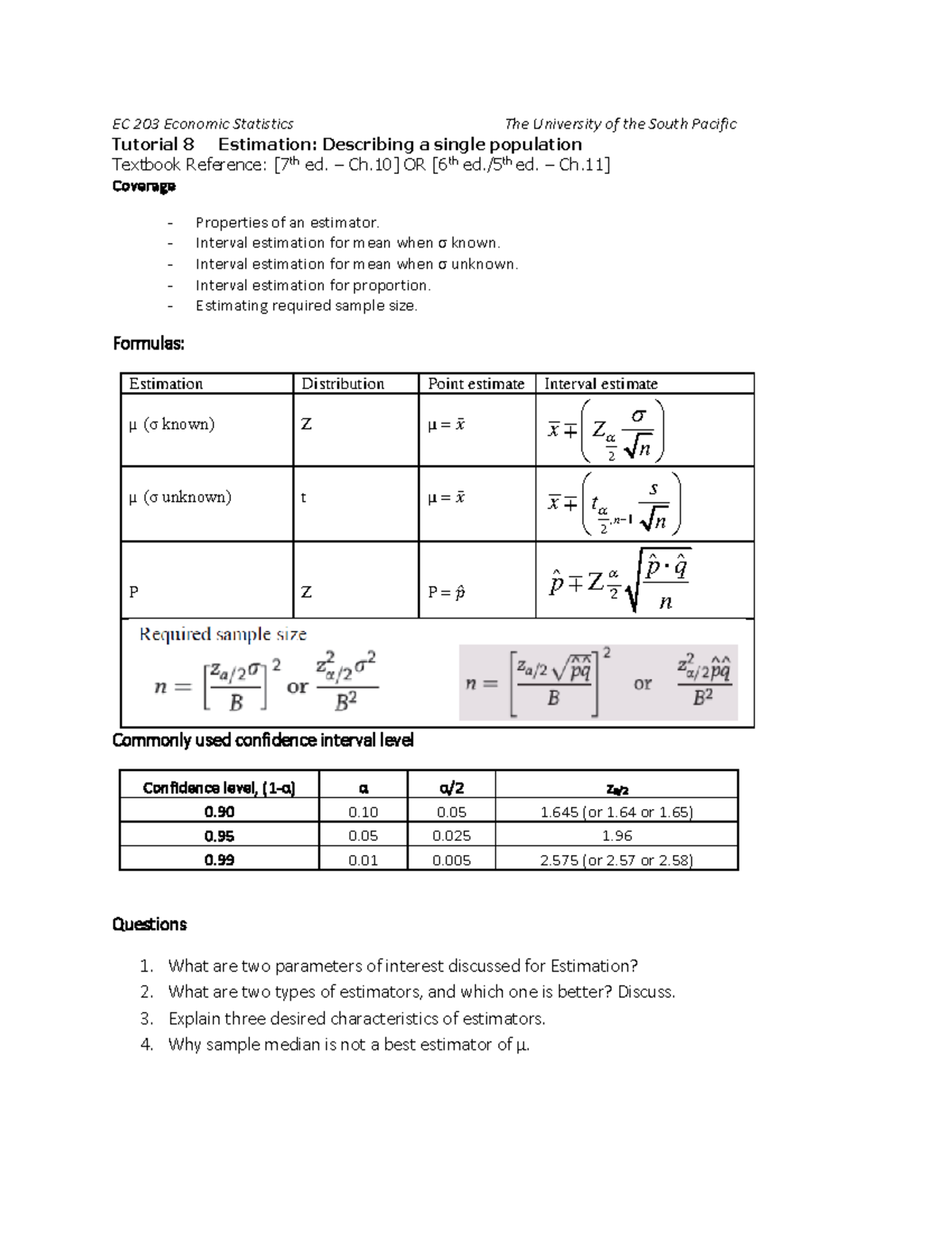 EC203 Tutorial 8 Estimation - EC 203 Economic Statistics The University ...