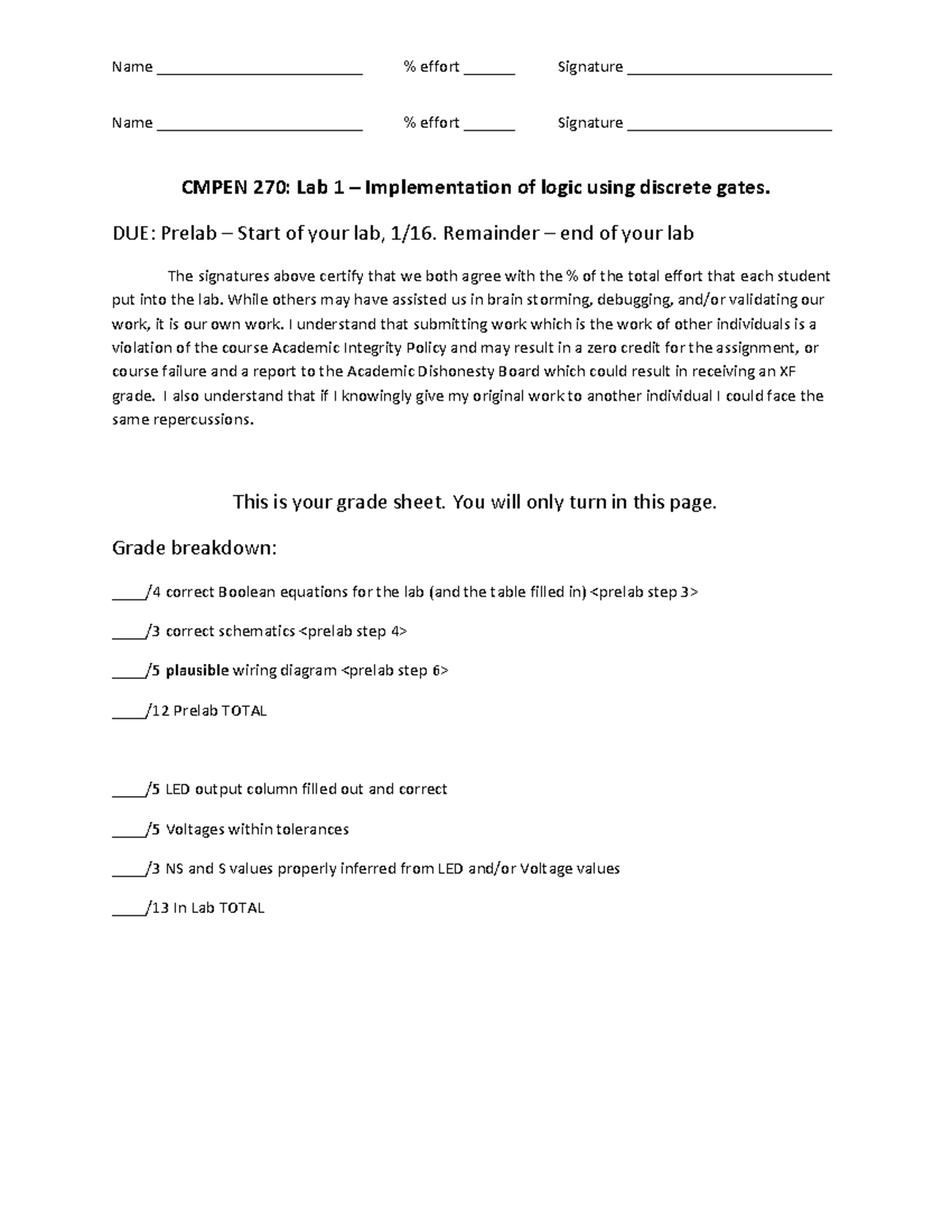Lab 1 - lab 1 cmpen 270 - Name ________________________ % effort ______ Signature - Studocu