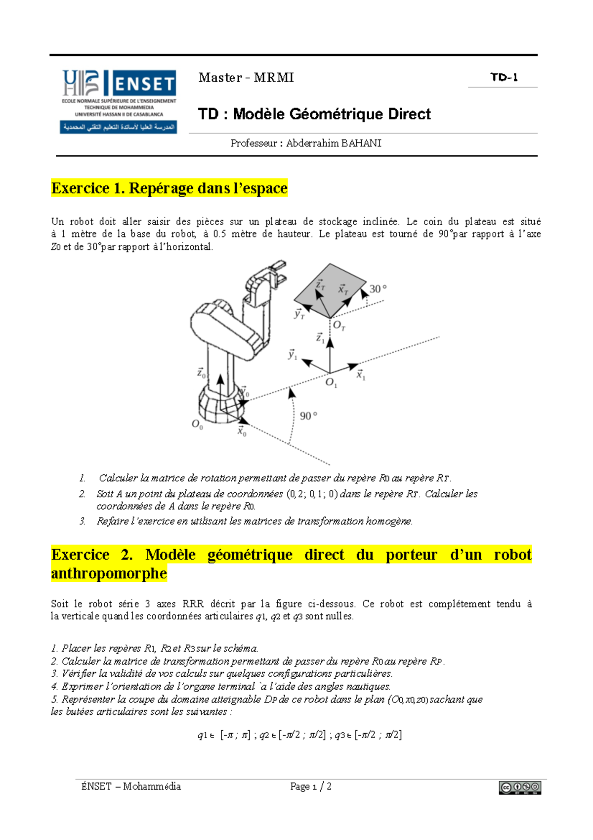 TD-1-MGD - Master :MRMI TD :Modèle Géométrique Direct TD ÉNSET – Mohammédia Page 1 / 2 Master ...
