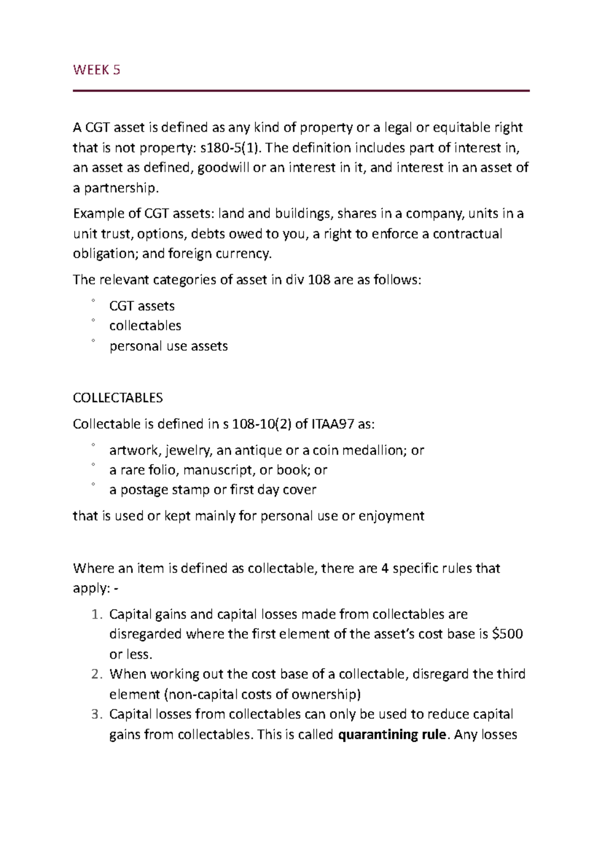 WEEK 5 - lecture-notes - WEEK 5 A CGT asset is defined as any kind of ...