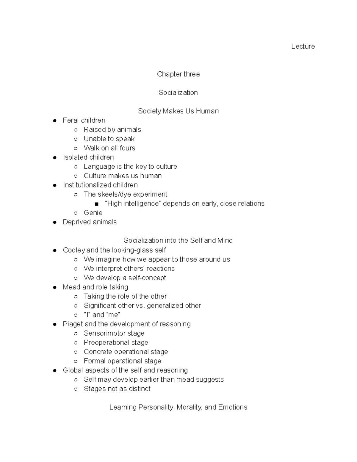 Sociology ch3 - Lecture Chapter three Socialization Society Makes Us ...