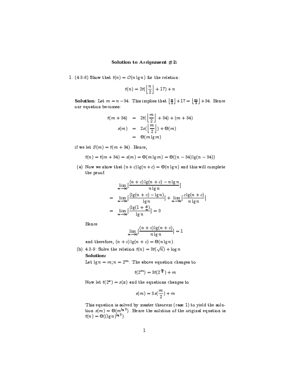 Sol2 - Sol2 - t(n) =O(nlgn) t(n) = 2t( n 2 - Studocu