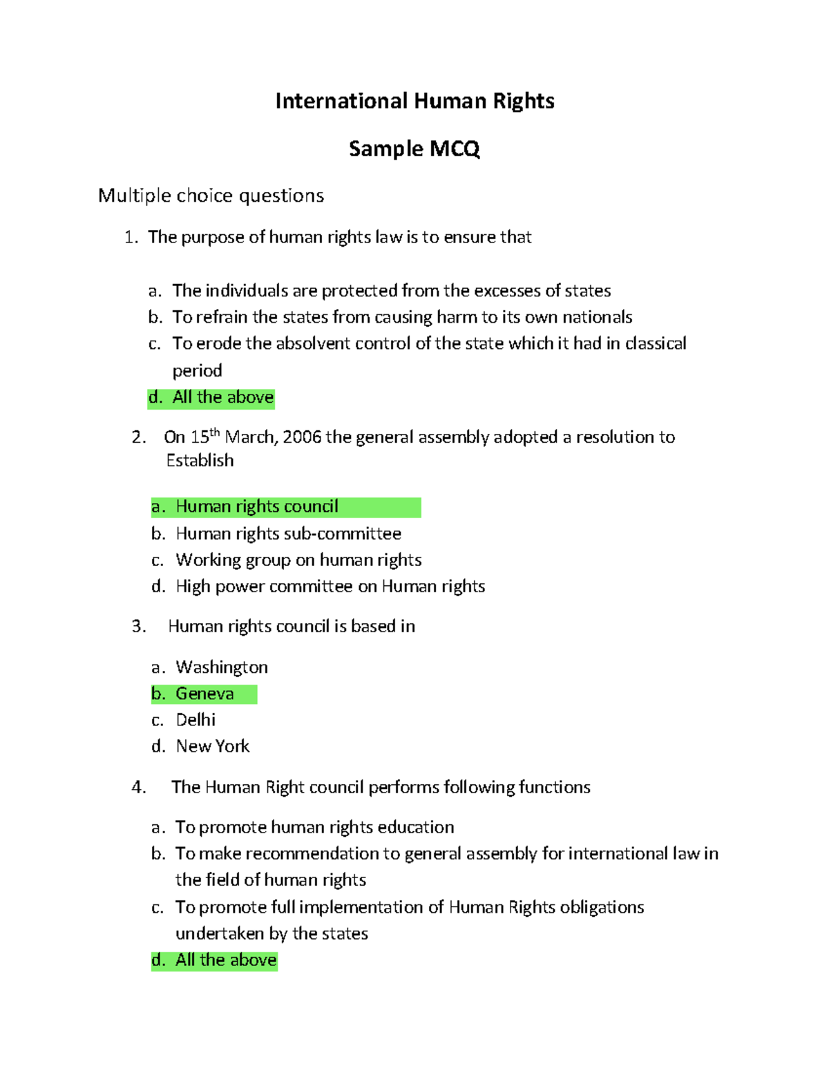 MCQ International Human Rights-1 - International Human Rights Sample ...
