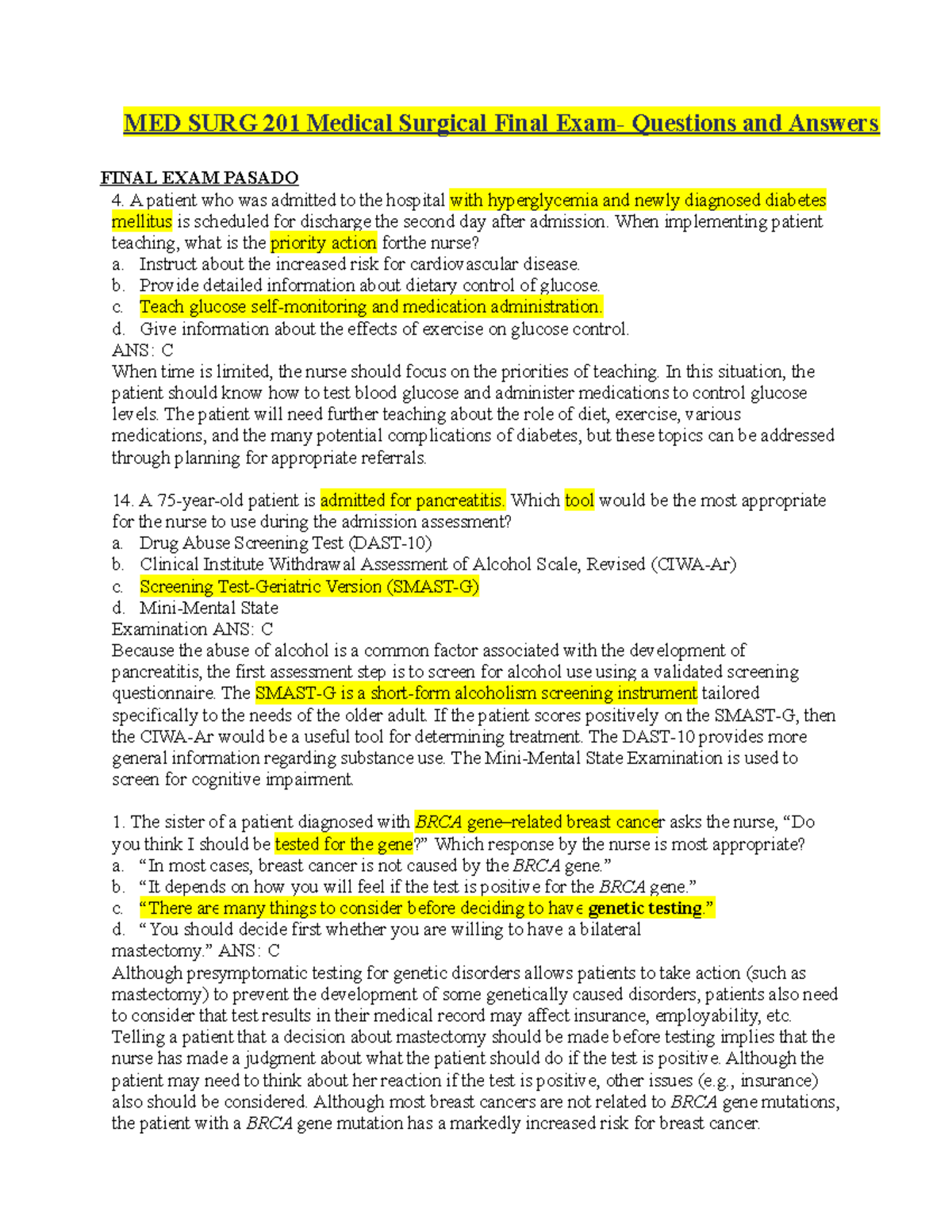 MED SURG 201 Medical Surgical Final Exam Questions And Answers When