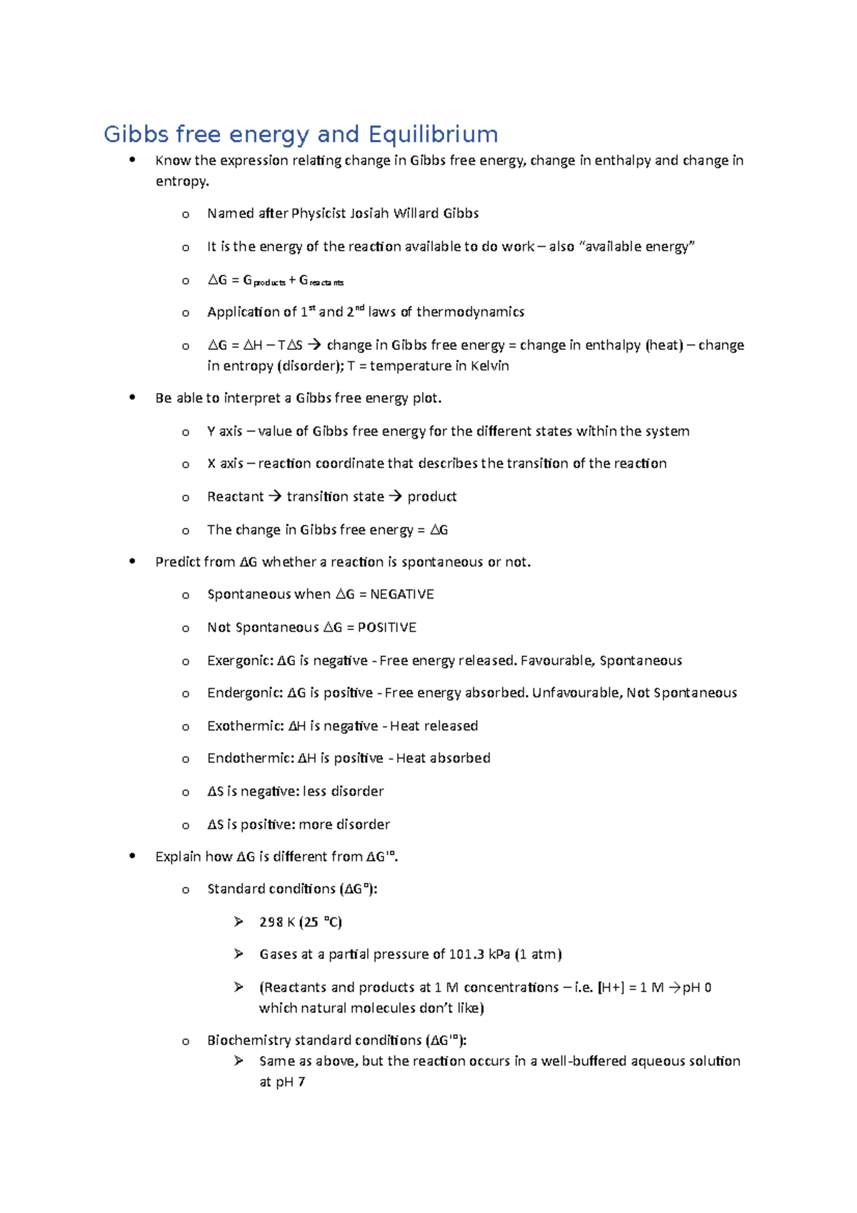 Module 1 - Lecture notes First week - Gibbs free energy and Equilibrium ...