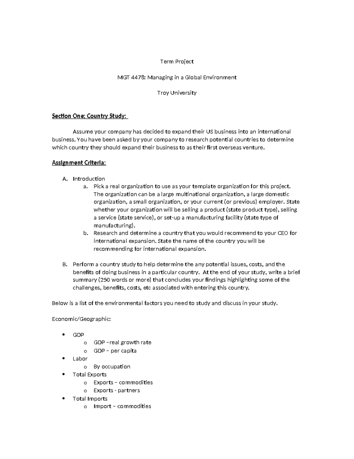Term Project - Term Project MGT 4478: Managing in a Global Environment ...