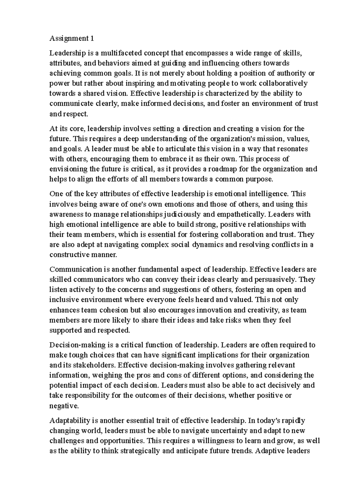 Leadership - Sample assignment - Assignment 1 Leadership is a ...