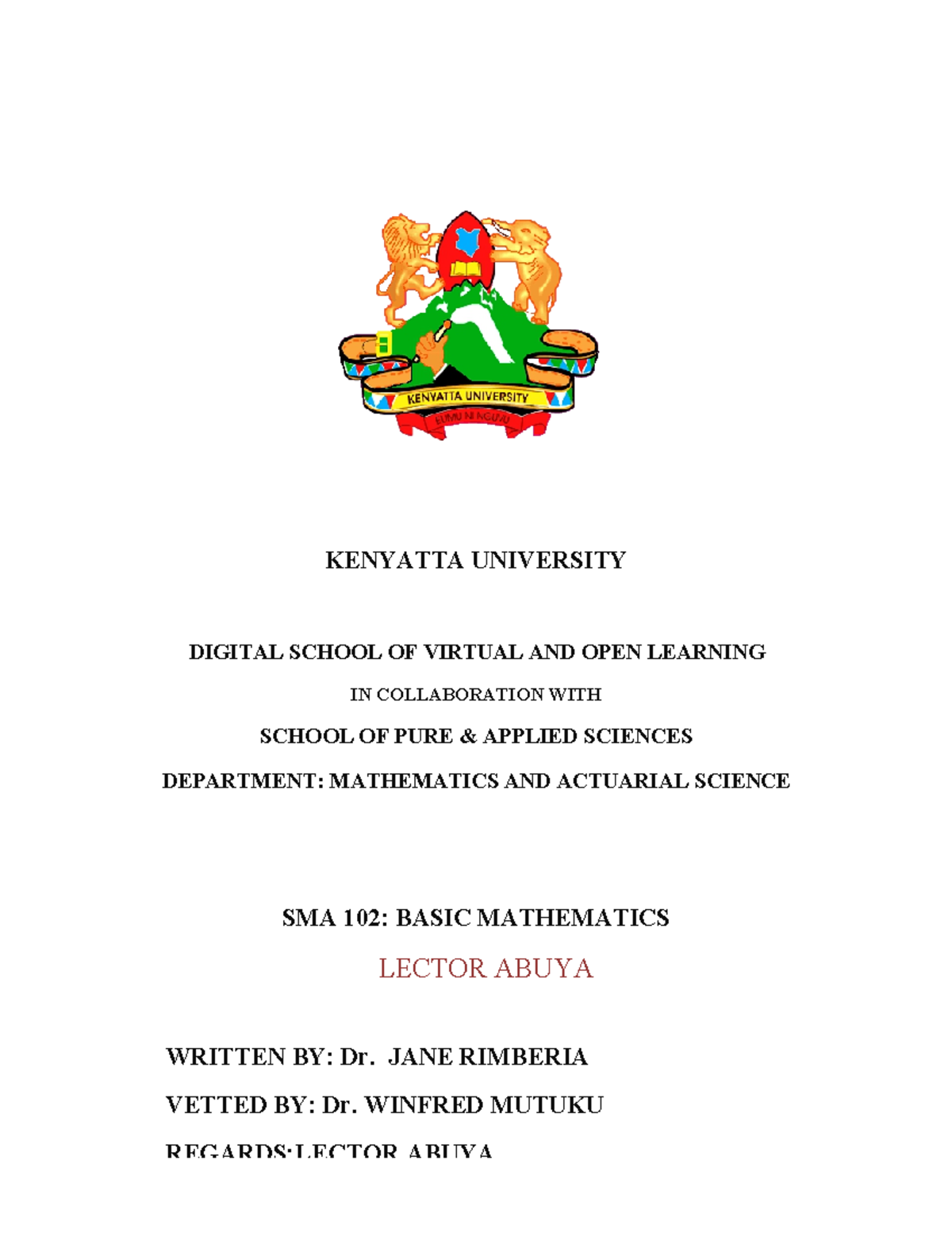 SMA112- Abuya lector Doc - KENYATTA UNIVERSITY DIGITAL SCHOOL OF VIRTUAL AND OPEN LEARNING IN ...