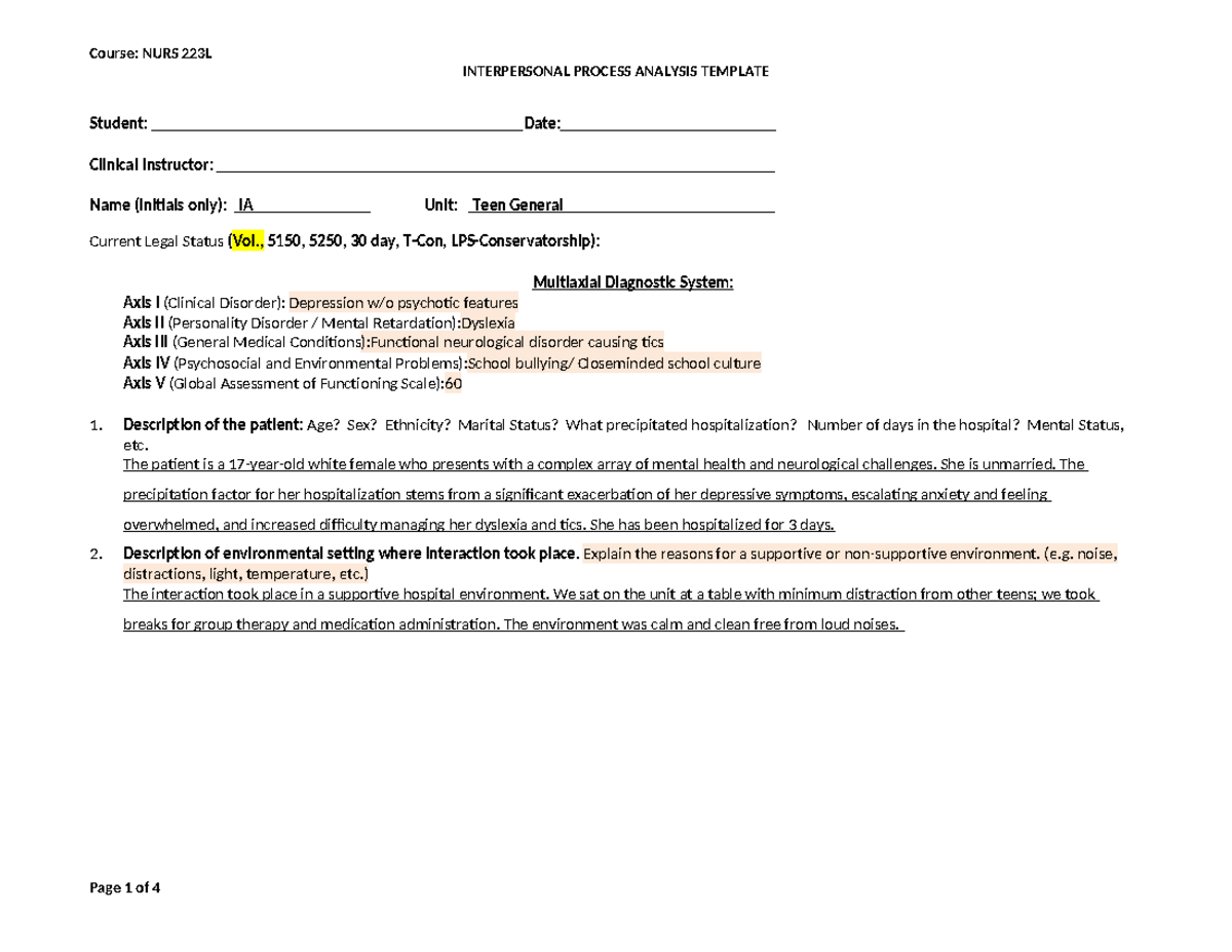 NURS 223L - Interpersonal Process Analysis Template (2) Update ...