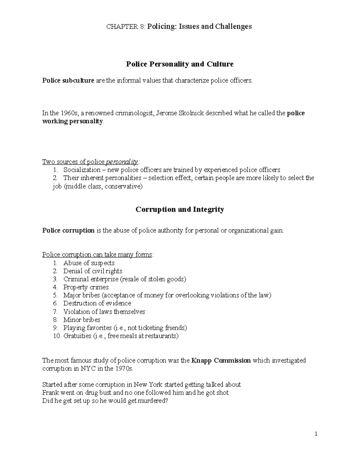 Ch 8 CCJ student notes - Police Personality and Culture Police ...