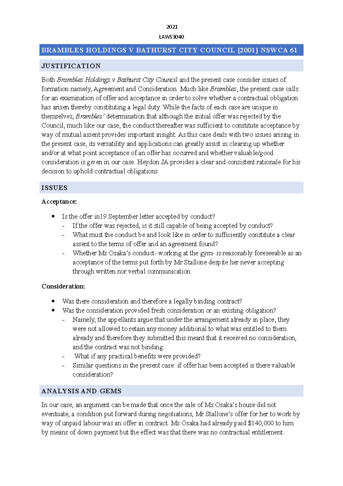 Note Taking Assessment and case summaries (Brambles Holdings, Helmos ...