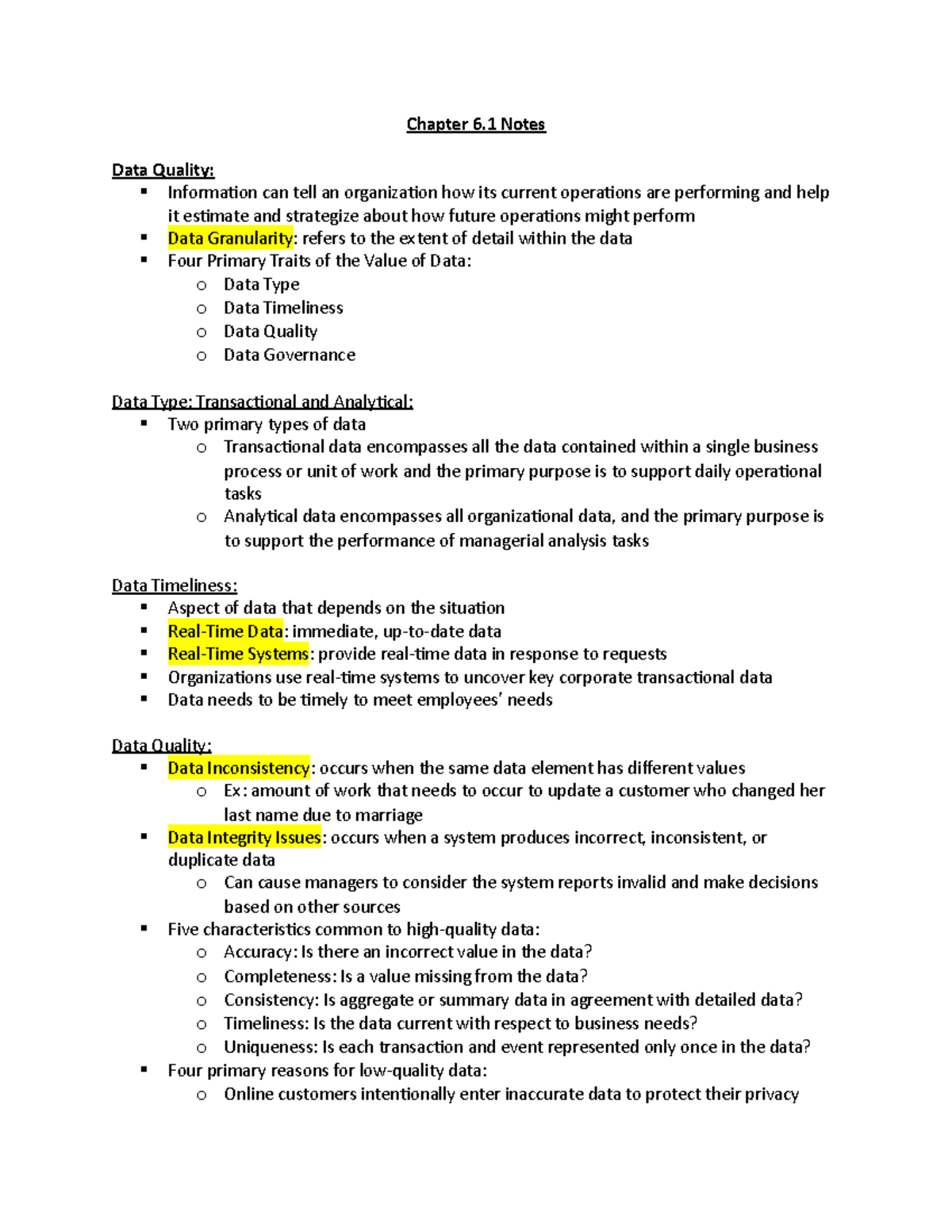 Chapter 6.1 Notes - Chapter 6 Notes Data Quality: Information can tell ...