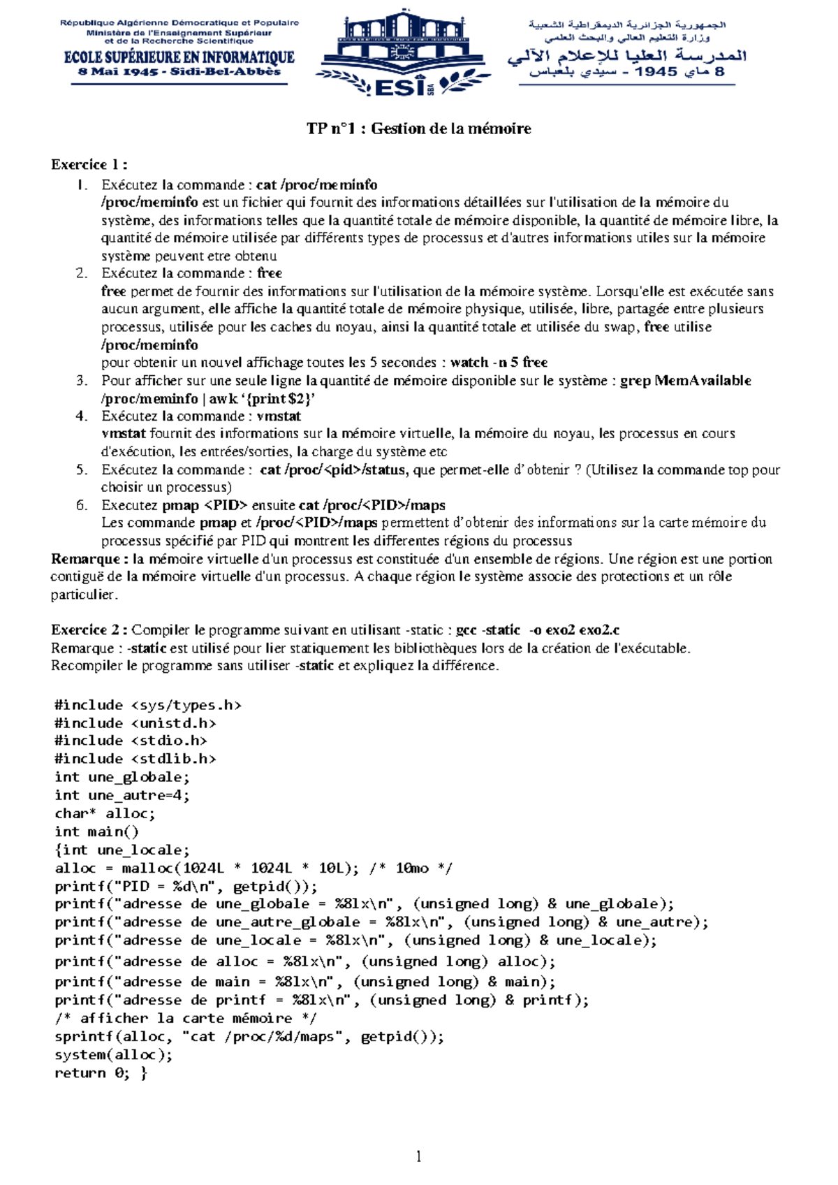 TP 1 Gestion de la mémoire - 1 TP n° 1 : Gestion de la mémoire Exercice ...