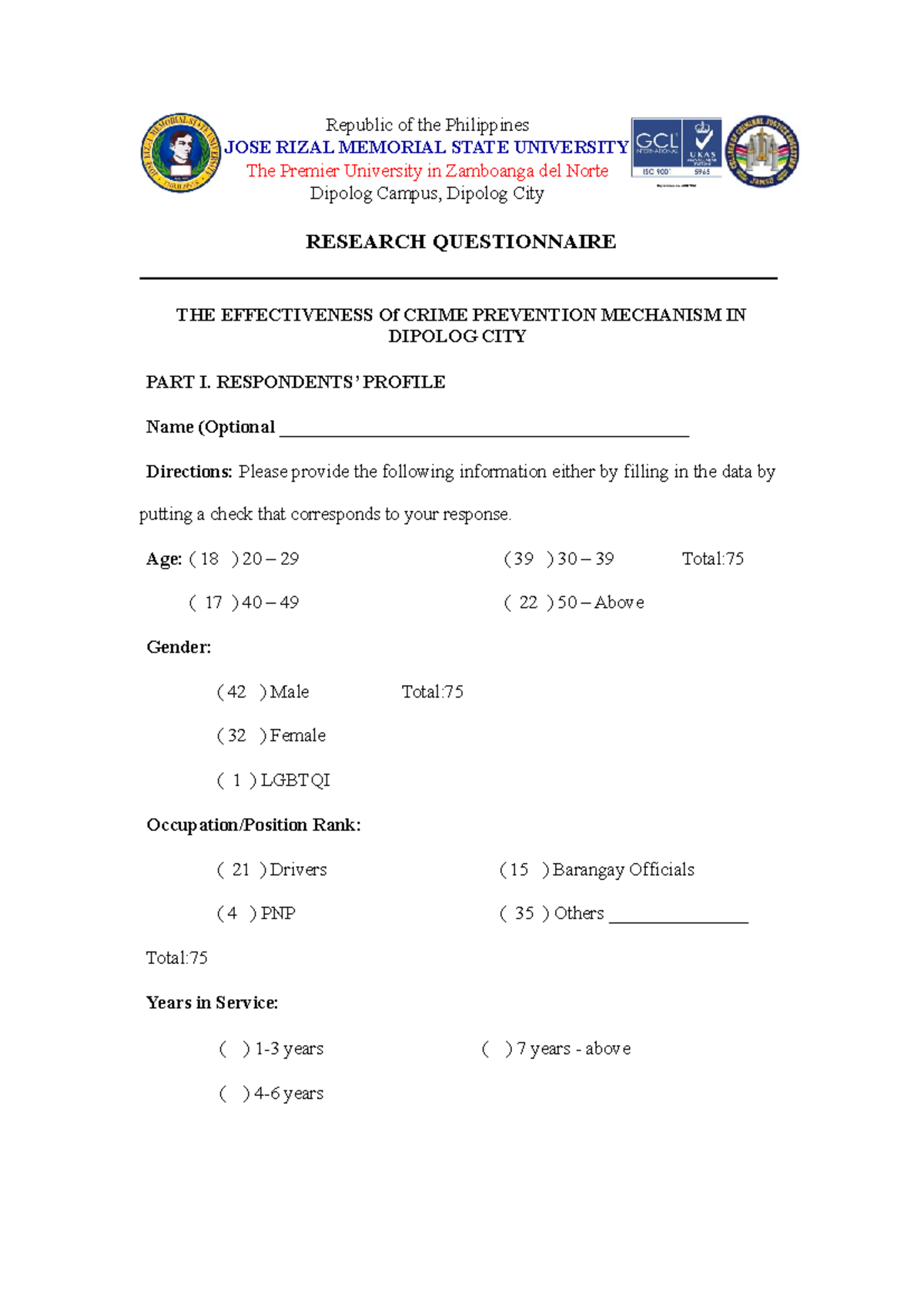 Republic of the Philippines - RESPONDENTS’ PROFILE Name (Optional - Studocu